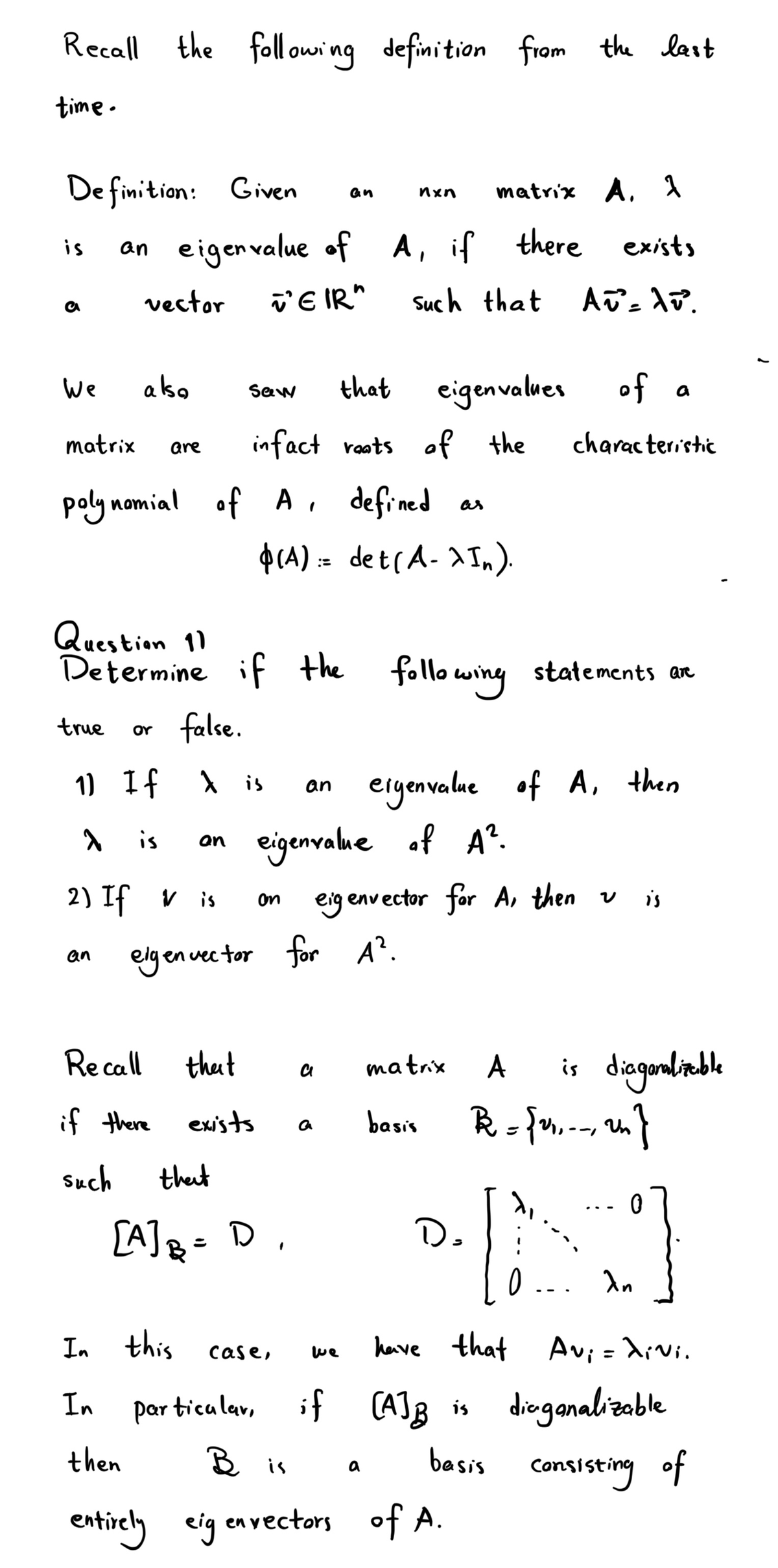 Lec 26 Personal Review Notes For Lecture 26 On Eigenvalues Recall The Following Definition
