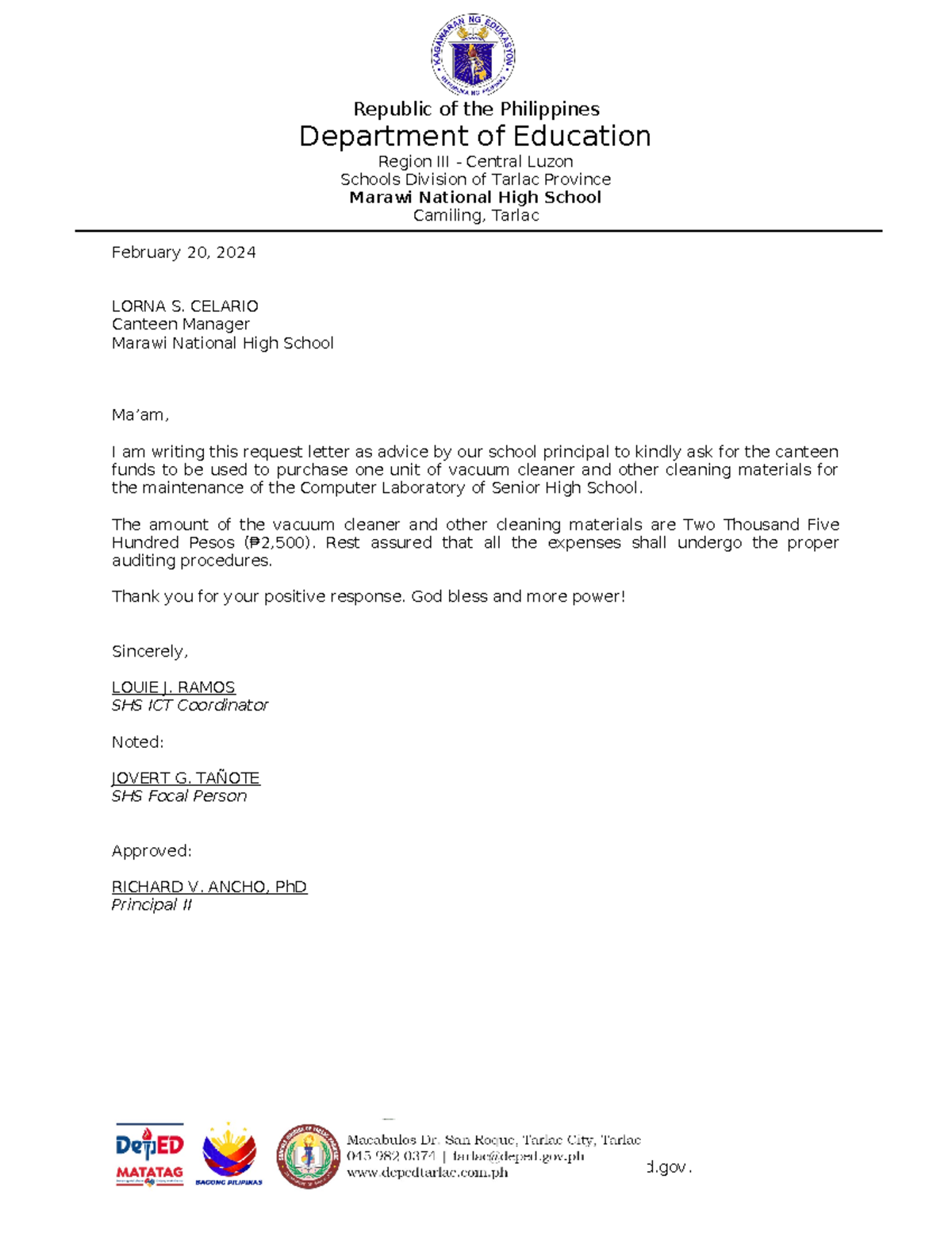 Request camping - letter - Marawi, Camiling, Tarlac (045) 800- 300972 ...