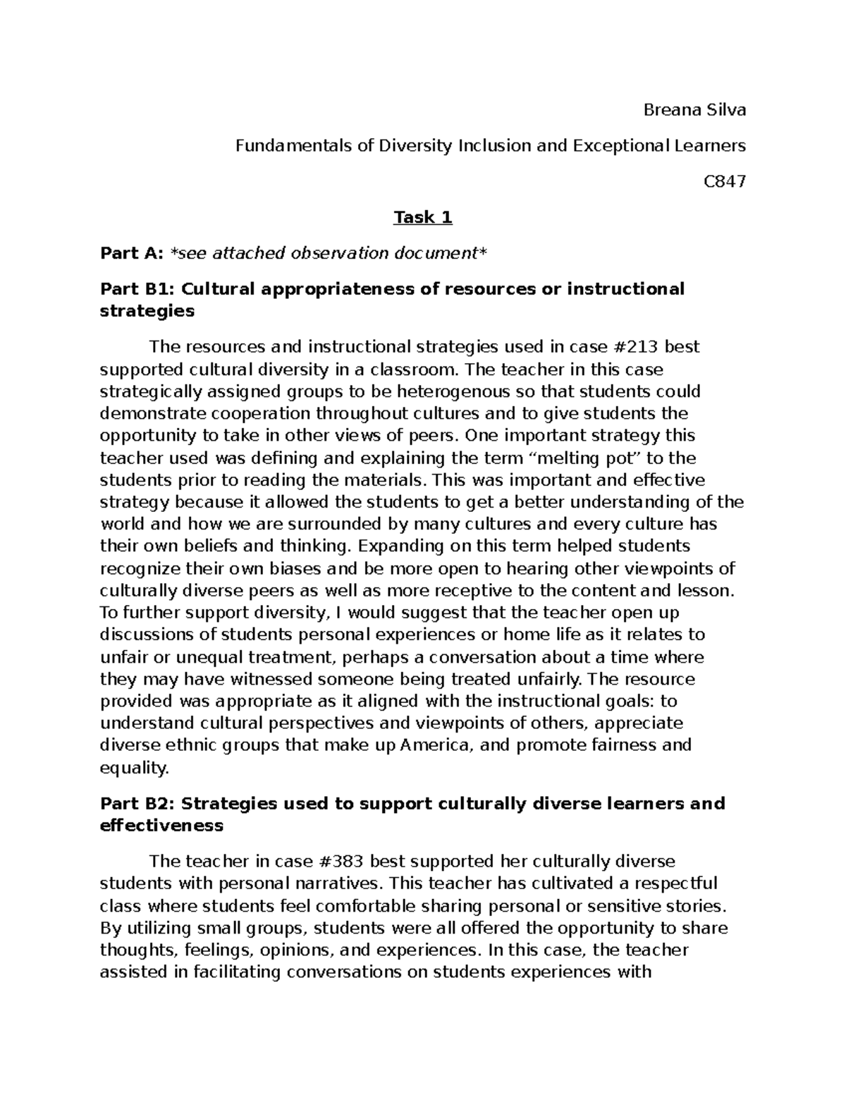 Task 1 diversity - paper was given a satisfactory grade on the first ...