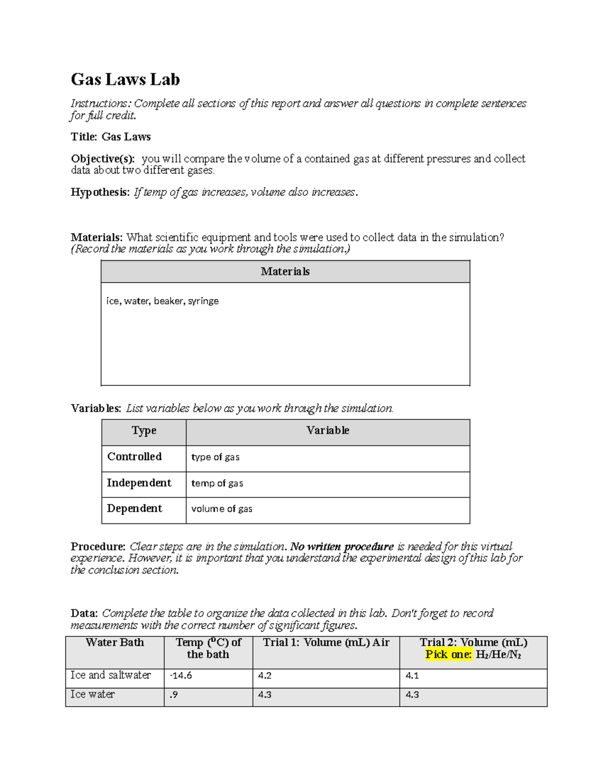 Lab report - Gas Laws Lab Instructions: Complete all sections of this ...