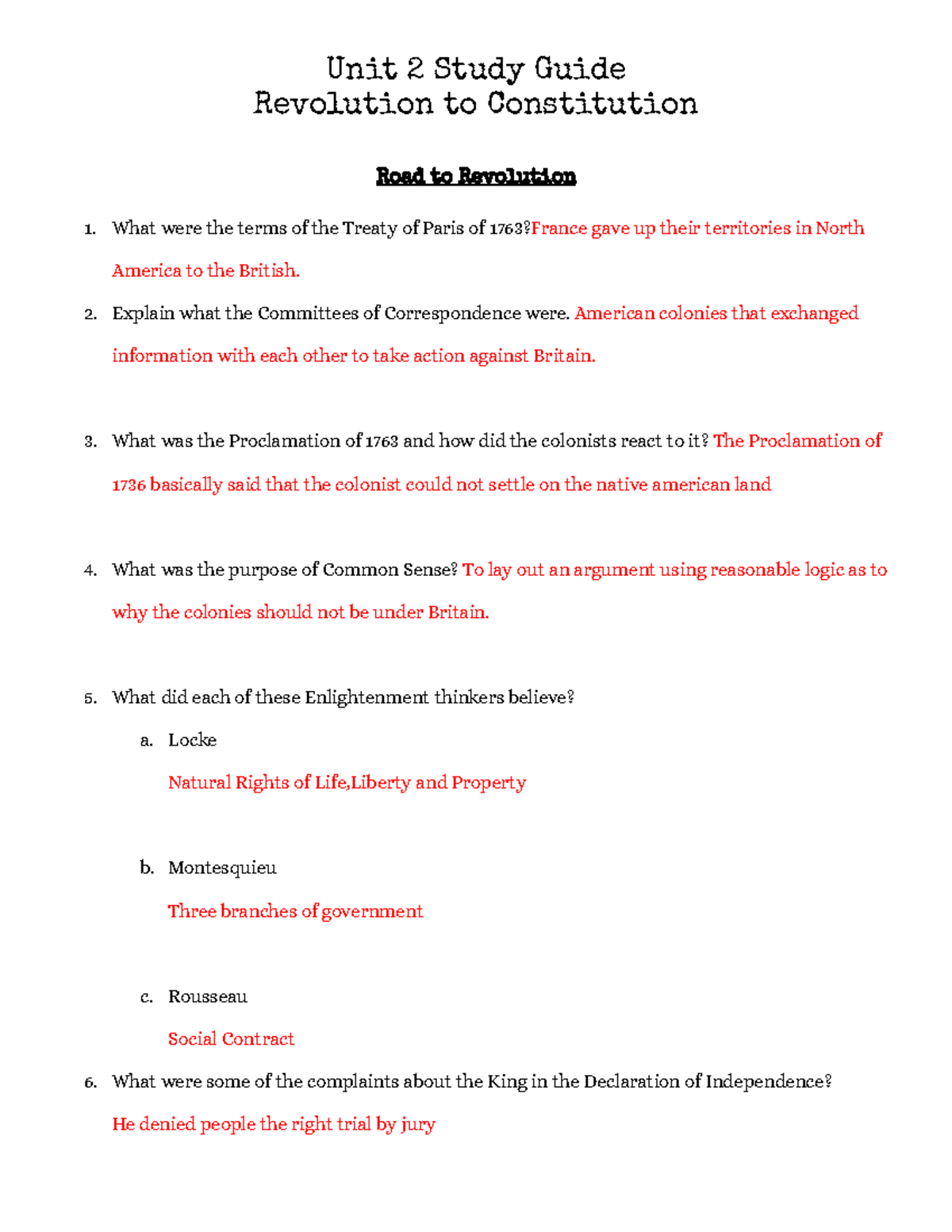 Revised Unit 2 Study Guide - Unit 2 Study Guide Revolution to ...