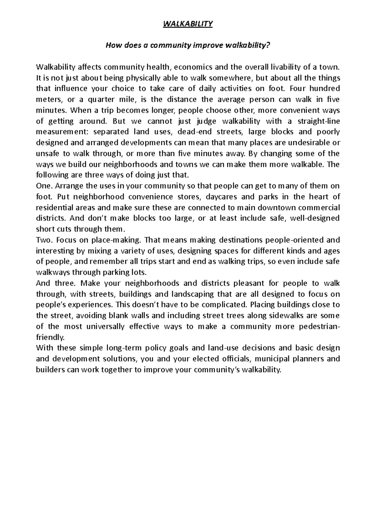 Walkability - script - INGLESE - WALKABILITY How does a community improve walkability ...