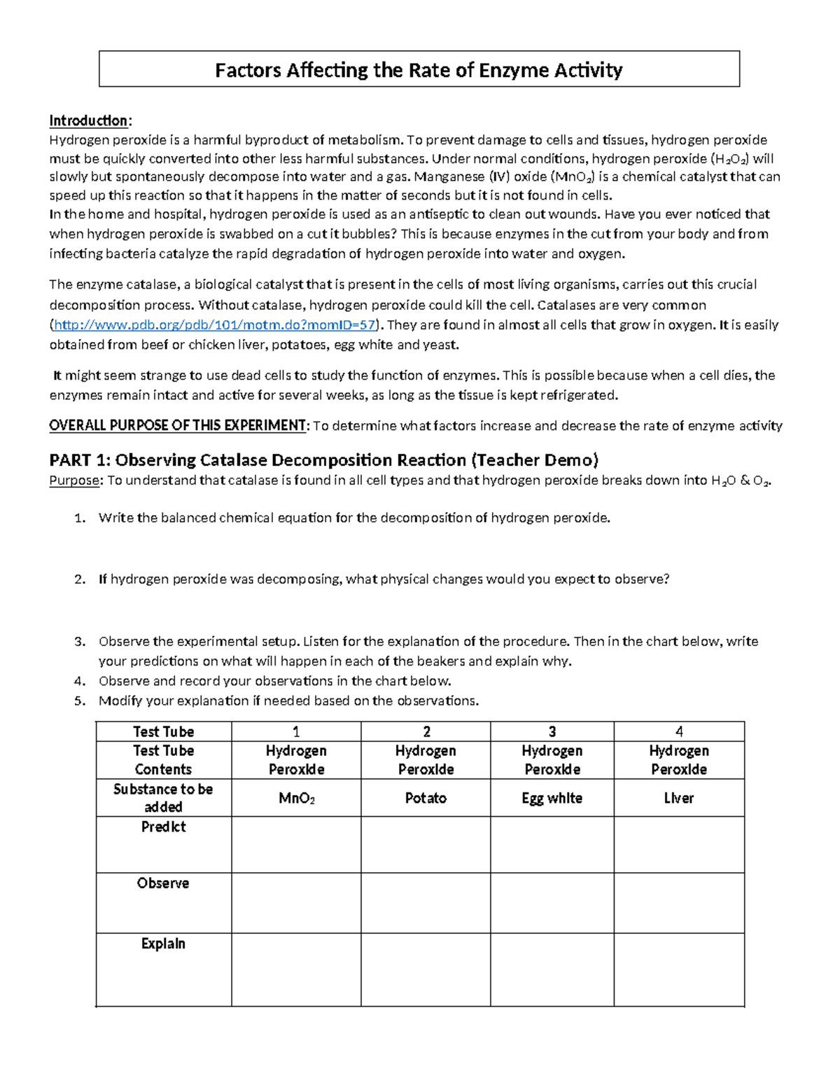 Catalase Enzyme Lab Informal Lab - Introduction: Hydrogen peroxide is a ...
