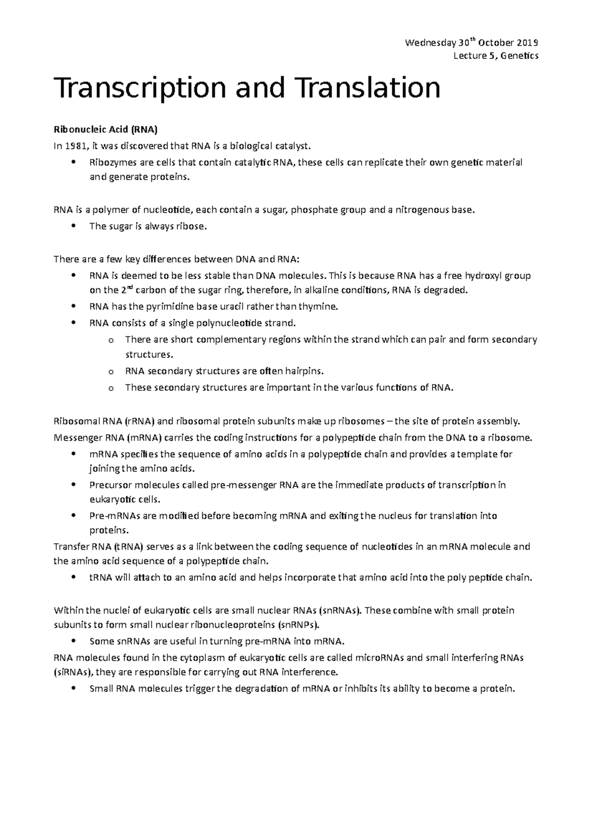 Week 6 - Transcription and Translation - Wednesday 30th October 2019 ...