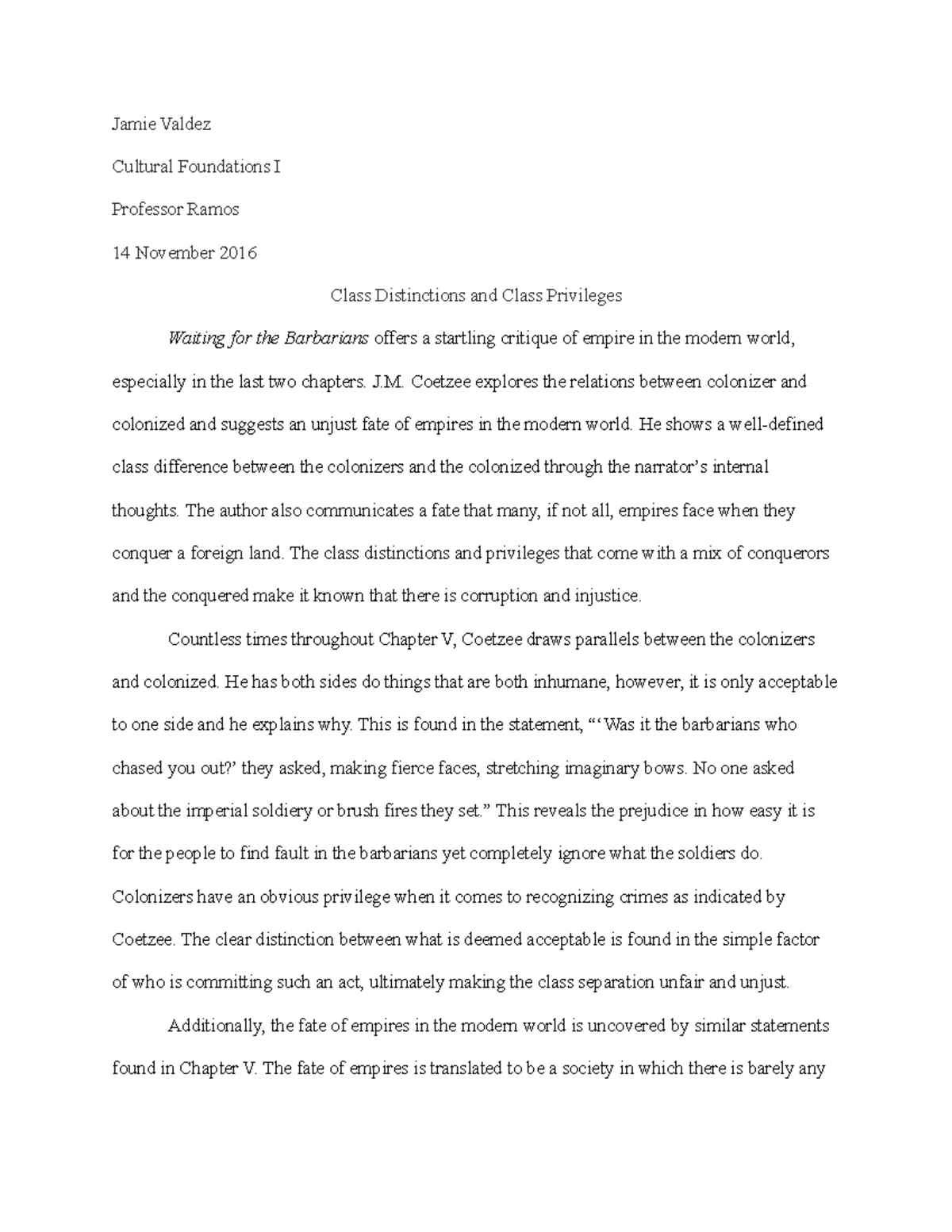 WFTB Response Paper - Class Distinctions and Class Privileges analysis in Waiting for the ...