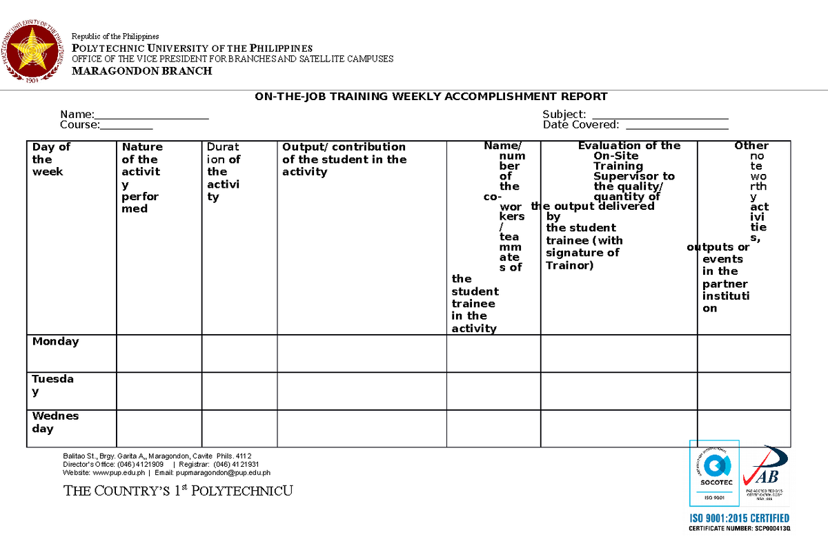 Weekly-Accomplishment-Report - Republic of the Philippines POLYTECHNIC ...