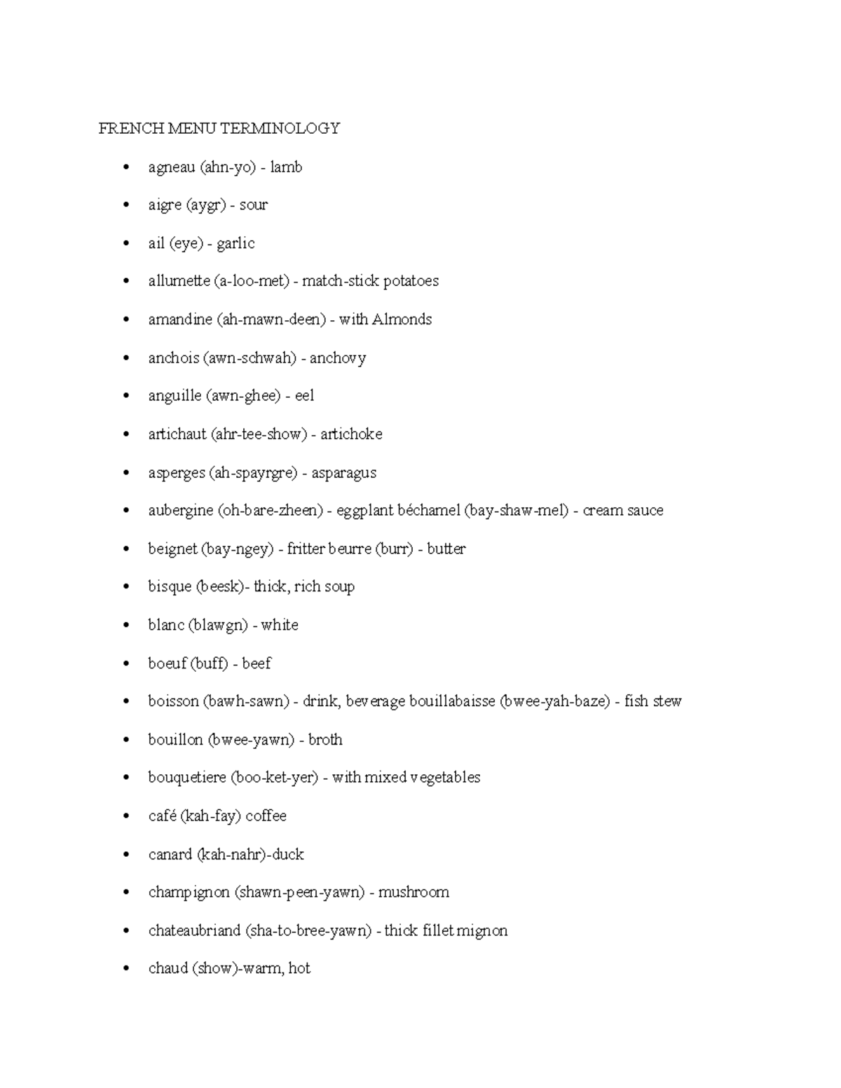 French MENU Terminology - FRENCH MENU TERMINOLOGY agneau (ahn-yo ...