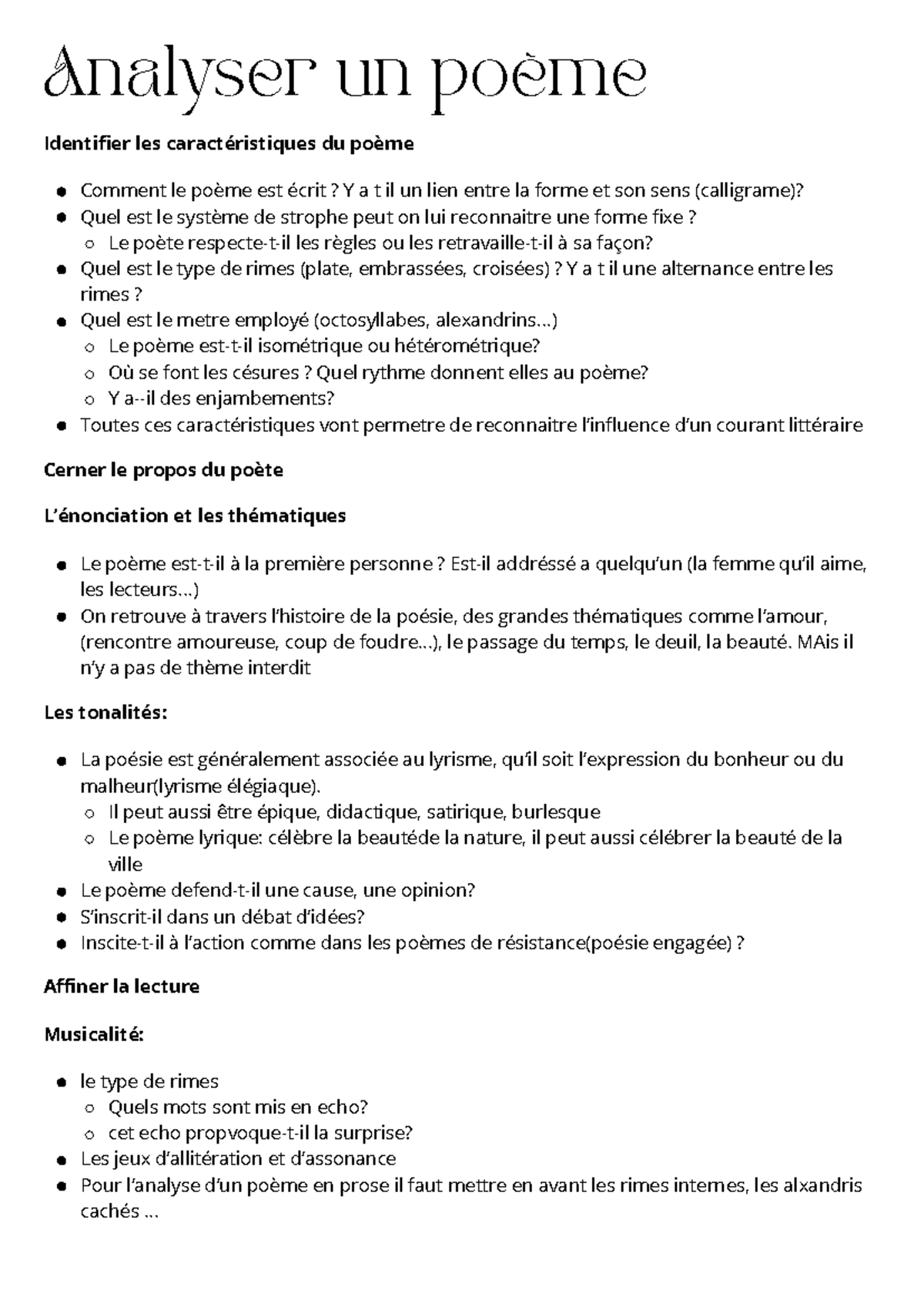 Analyser un poème - Analyser un poème Identifier les caractéristiques ...