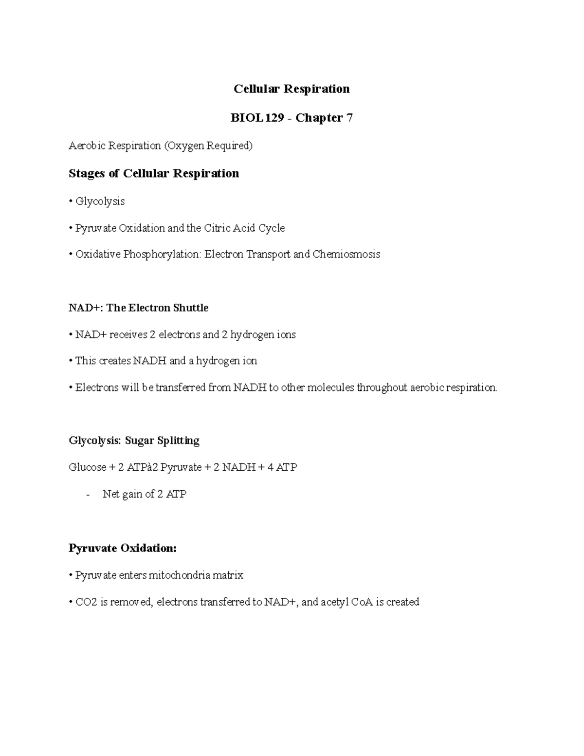 Bio Notes - Cellular Respiration - Cellular Respiration BIOL129 ...