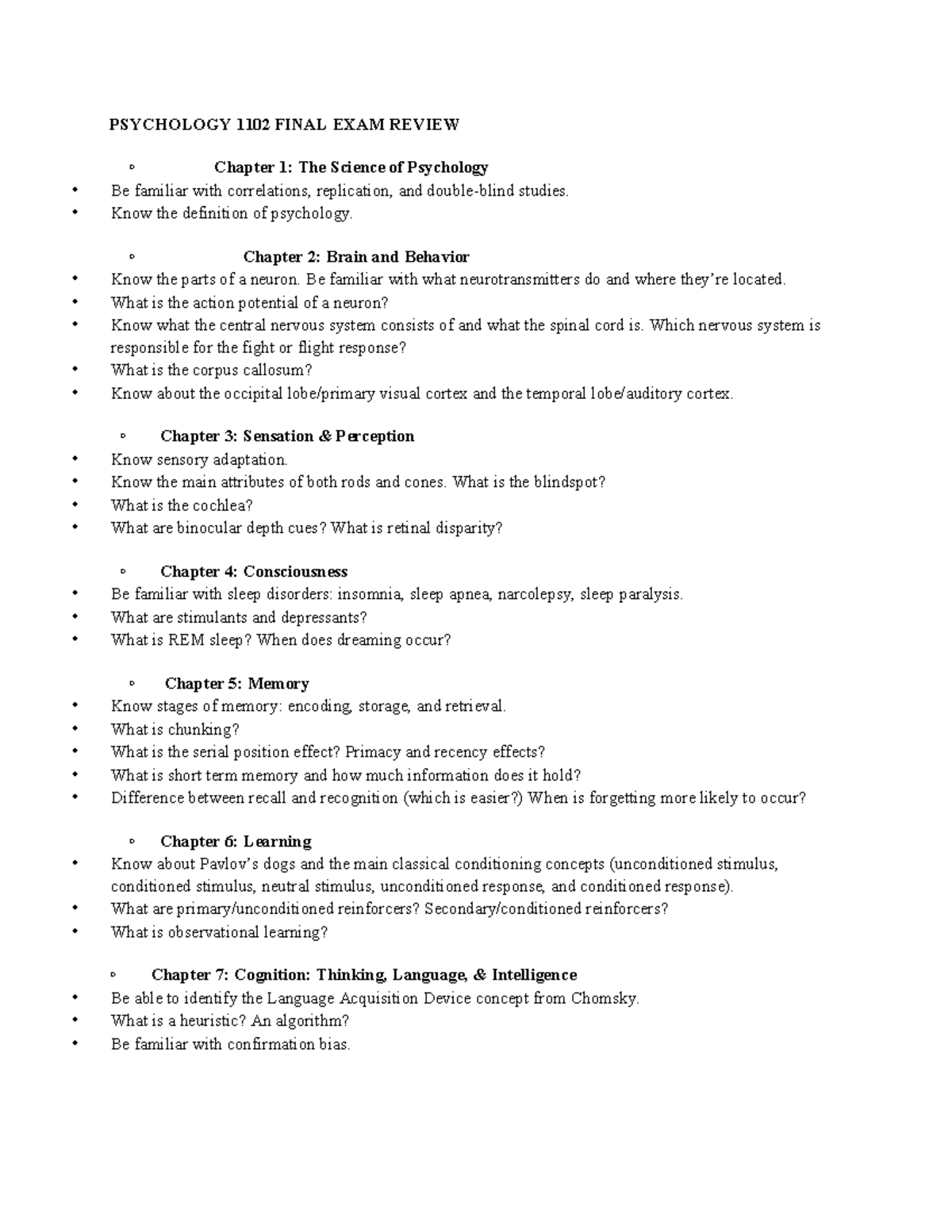 1102 Final review PDF - PSYCHOLOGY 1102 FINAL EXAM REVIEW Chapter 1 ...