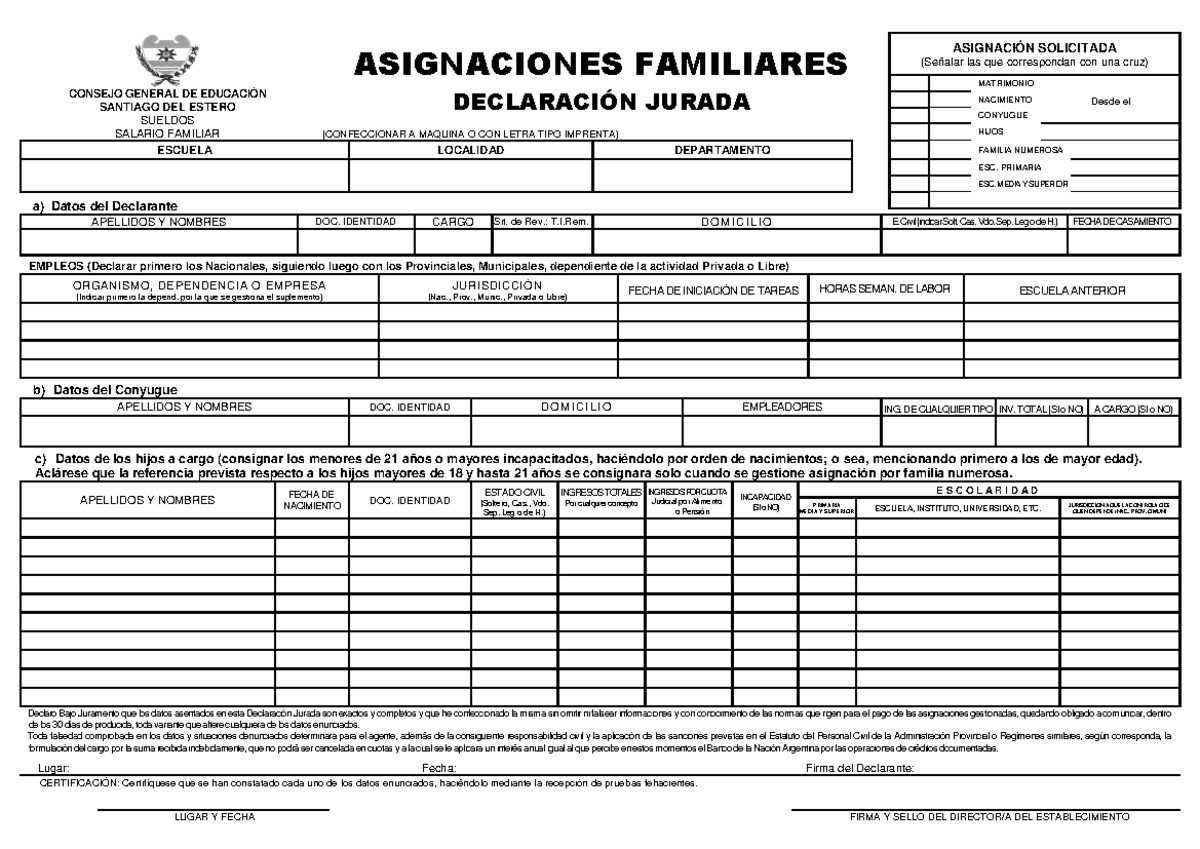 Declaracion Jurada de Asignaciones Familiares - CONSEJO GENERAL DE EDUCACIÓN SANTIAGO DEL ESTERO ...