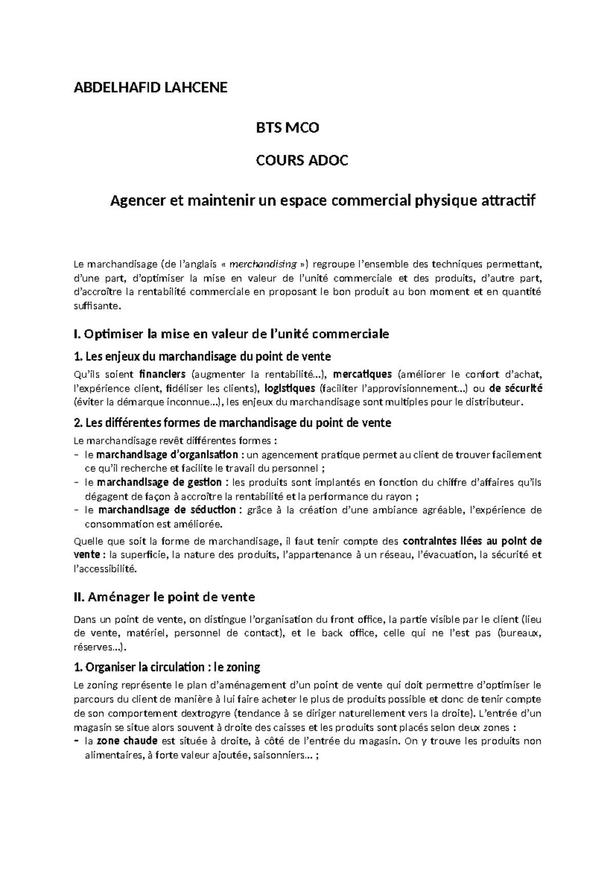 Cours ADOC Agencer ET Maintenir UN Espace Commercial Physique Attractif - ABDELHAFID LAHCENE BTS ...