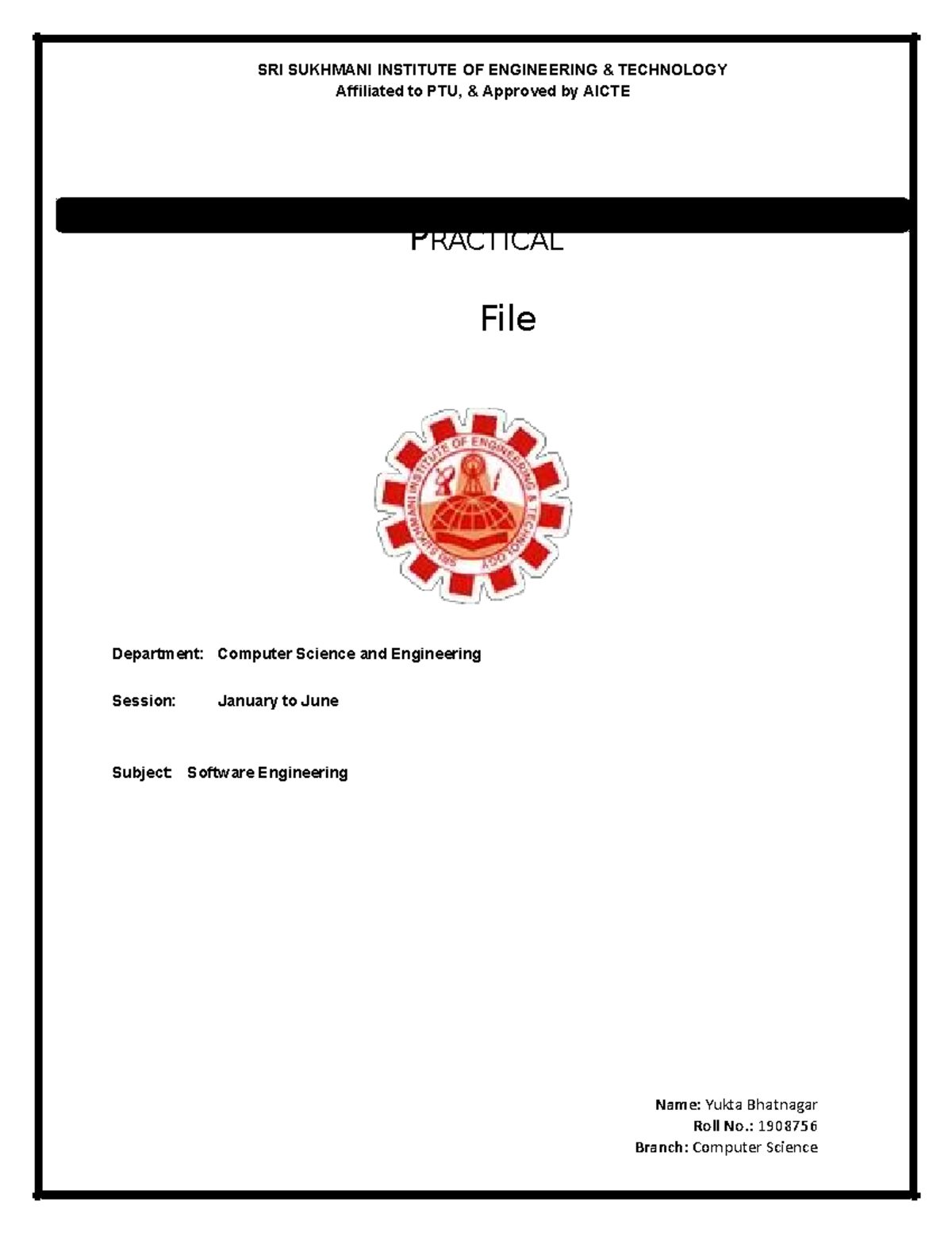 Software engineering - Affiliated to PTU, & Approved by AICTE PRACTICAL ...
