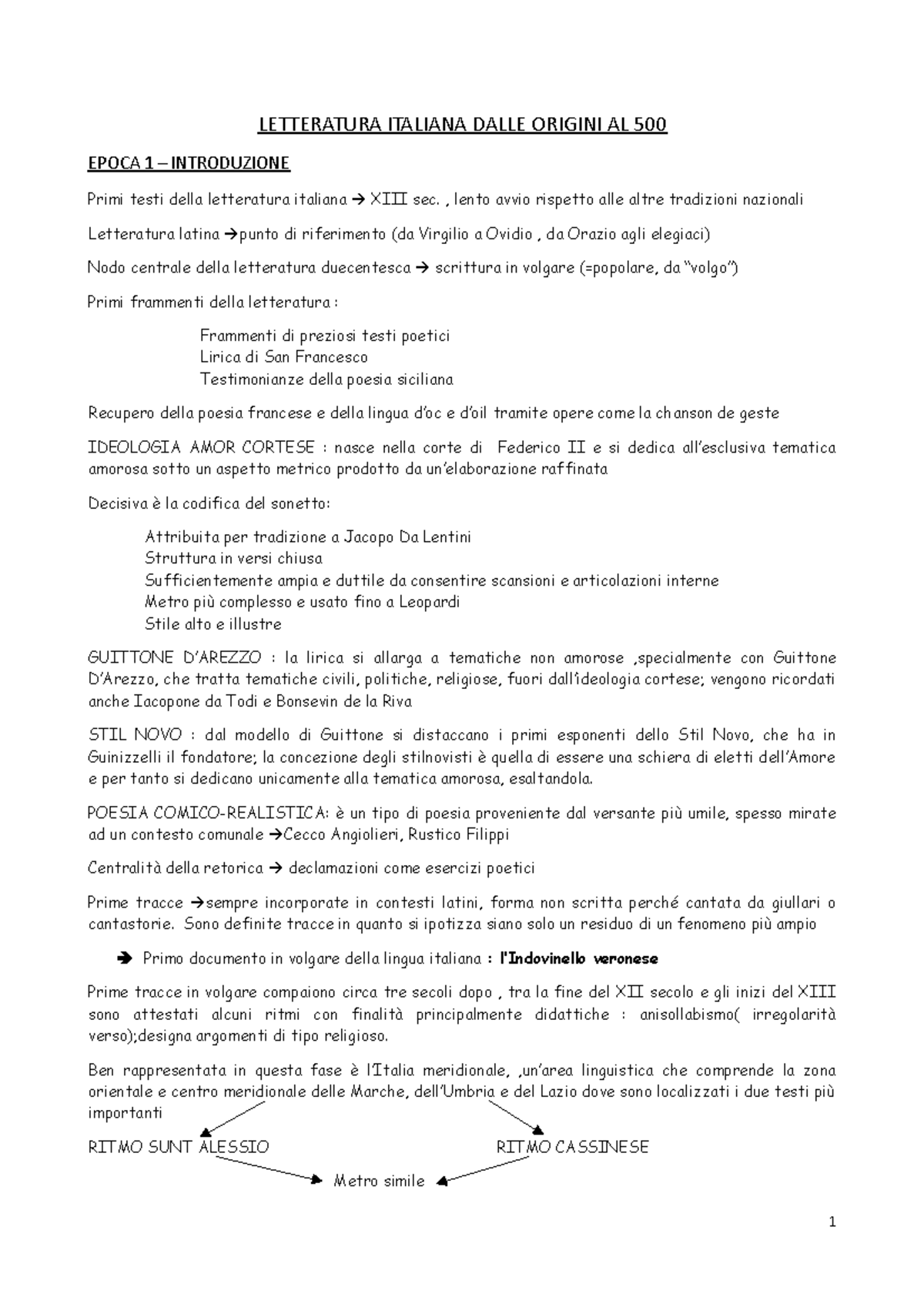 Letteratura Italiana Dalle Origini AL 500 - LETTERATURA ITALIANA DALLE ...