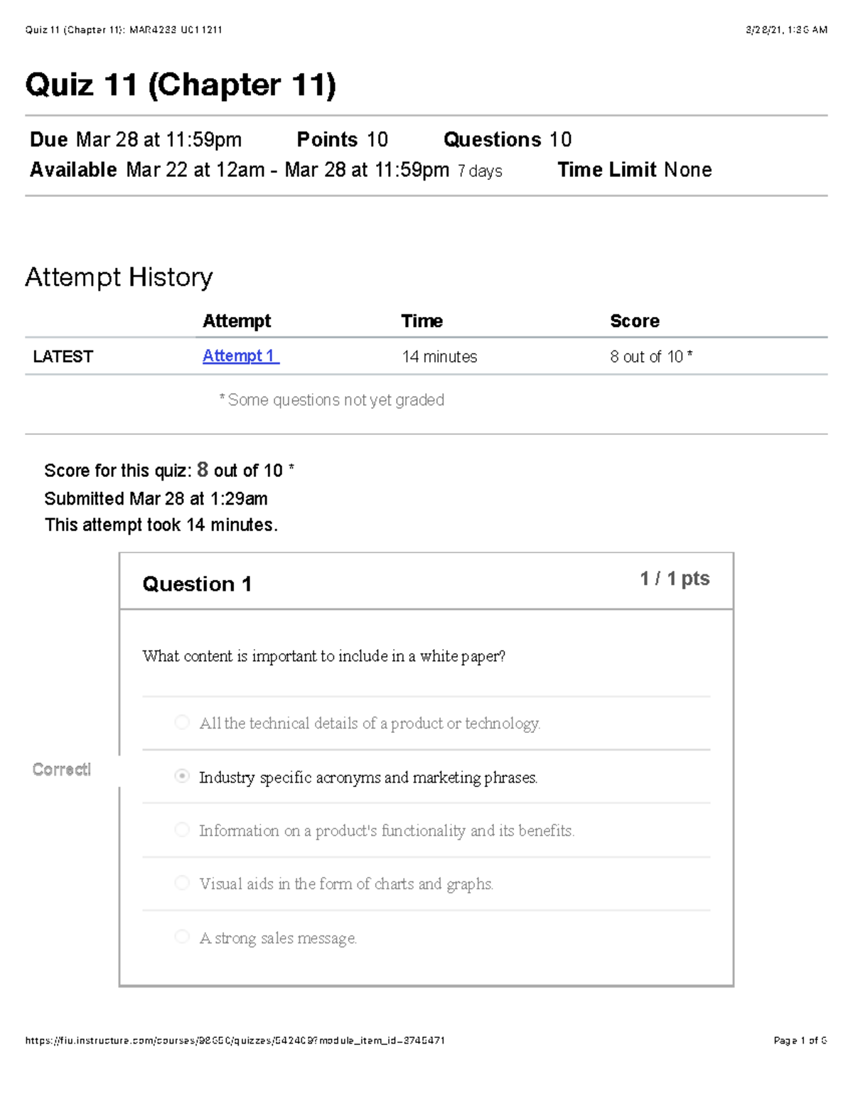 Quiz 11 (Chapter 11): MAR4233 U01 1211 - * Some questions not yet ...