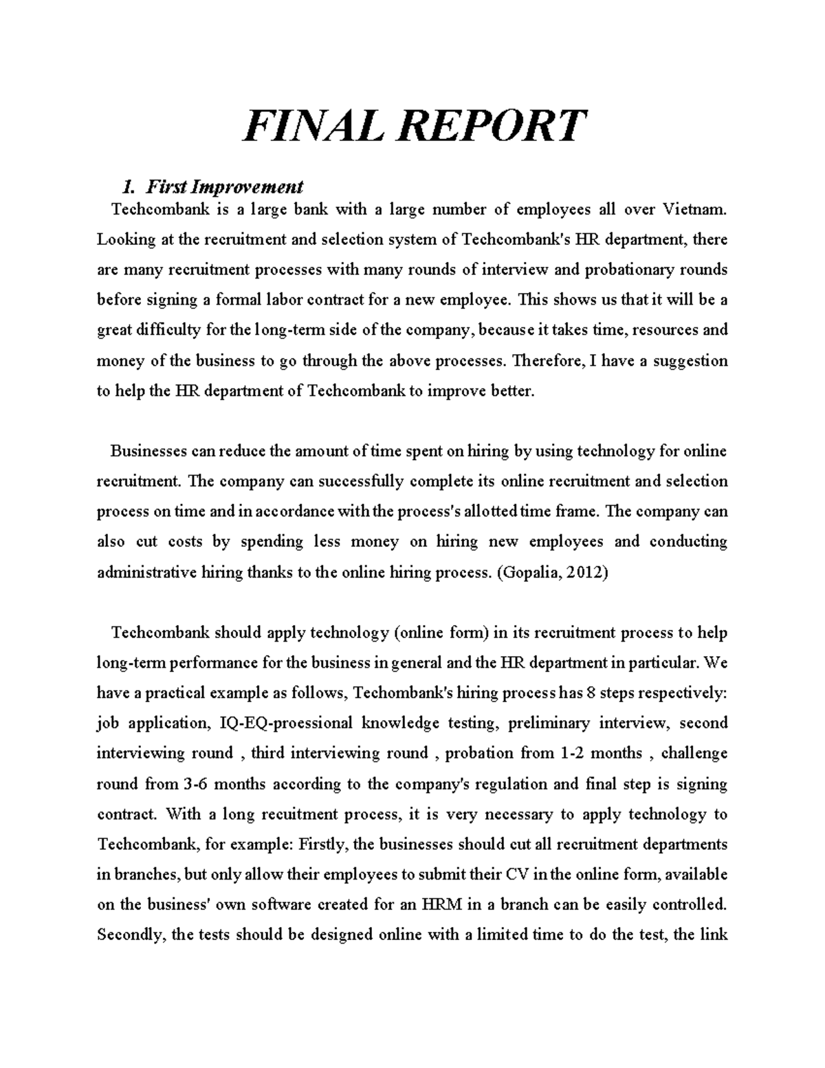 10220209 HRM Final Report - FINAL REPORT 1. First Improvement ...