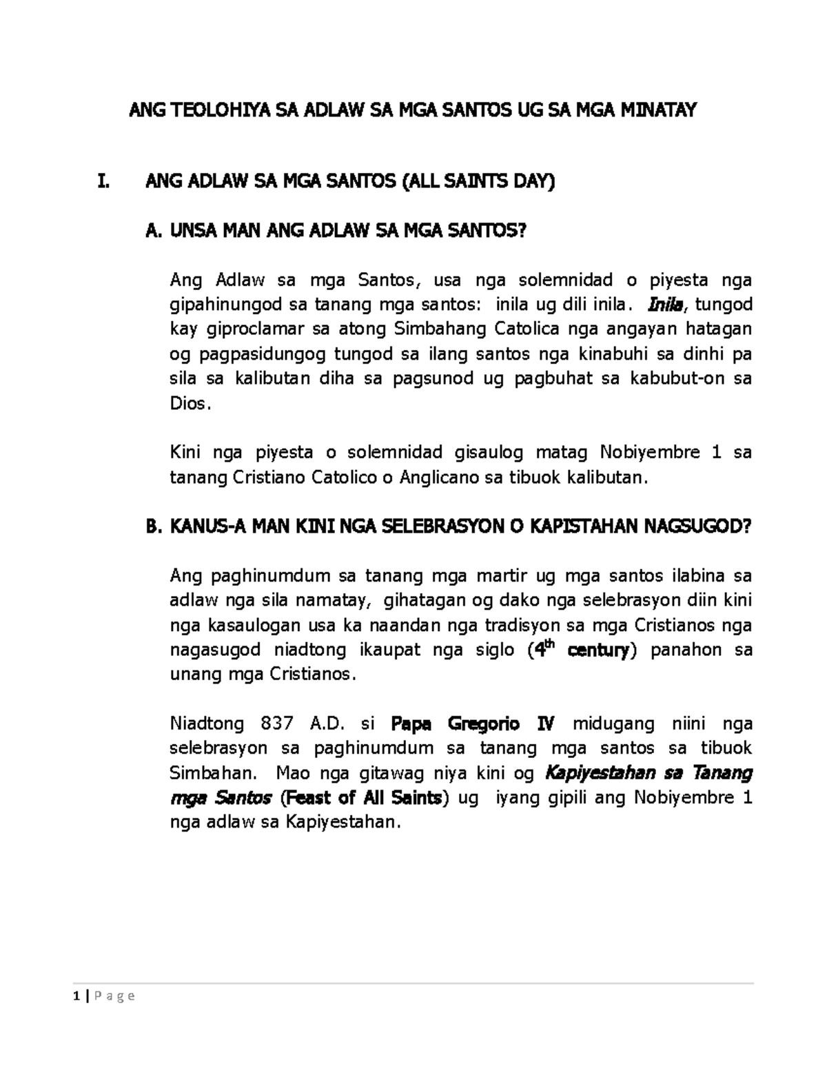 ANG Teolohiya SA Pagsaulog SA Adlaw SA MGA Minatay - ANG TEOLOHIYA SA ...