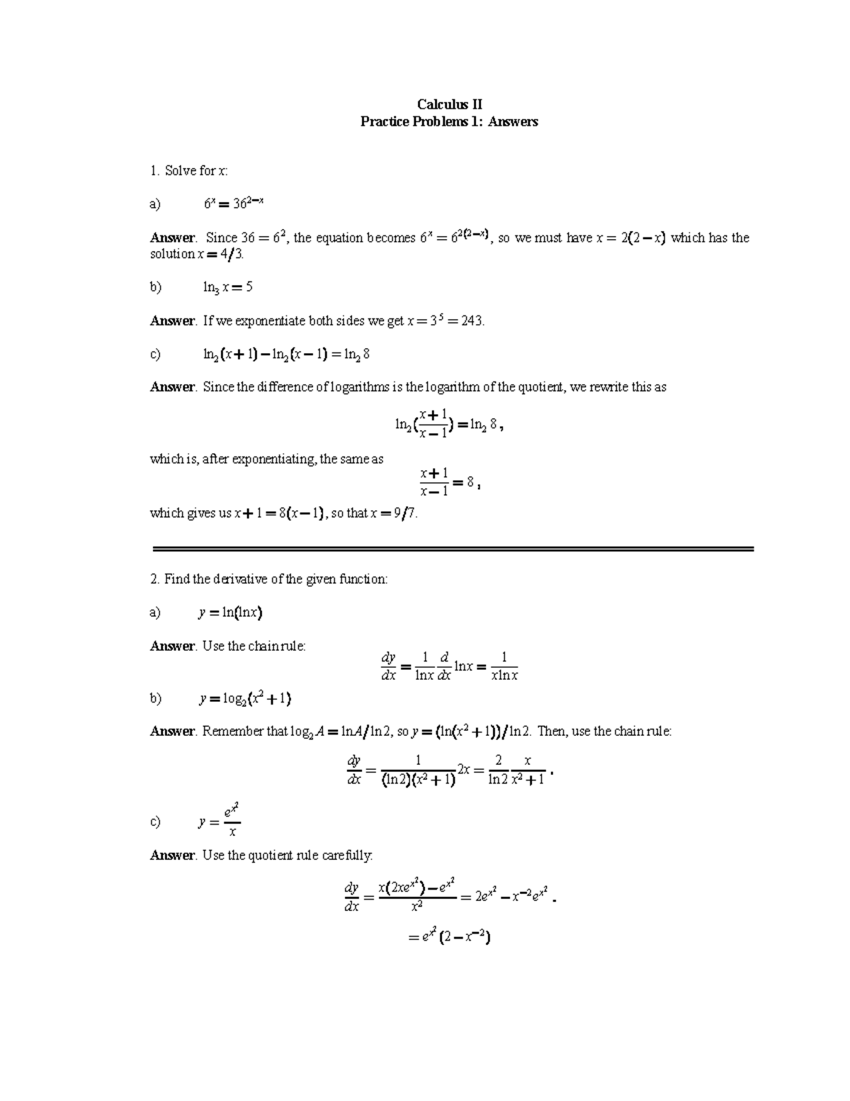 Calc2a - Calculus - Calculus II Practice Problems 1: Answers Solve for ...