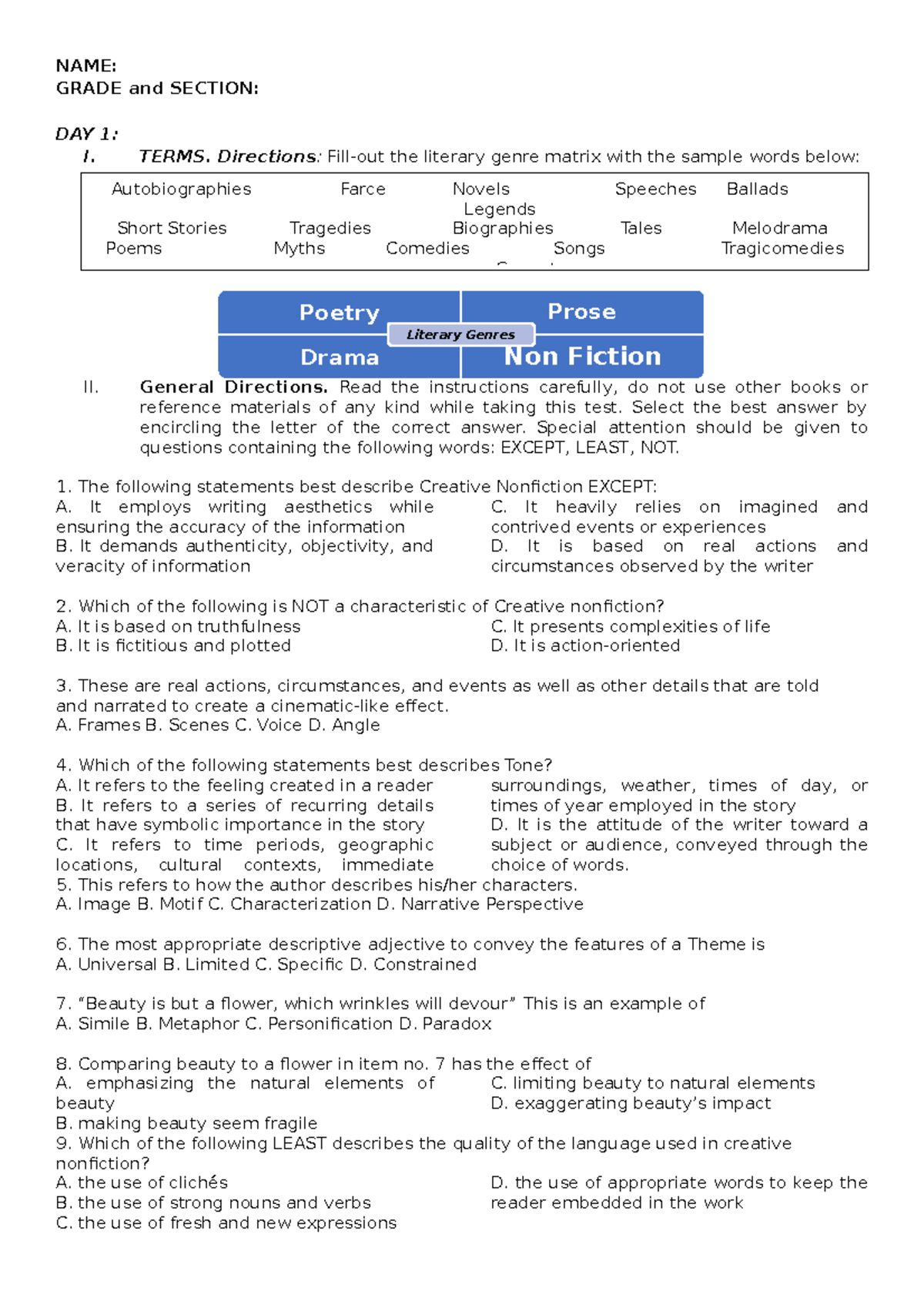Student-Activity - NAME: GRADE and SECTION: DAY 1: I. TERMS. Directions ...