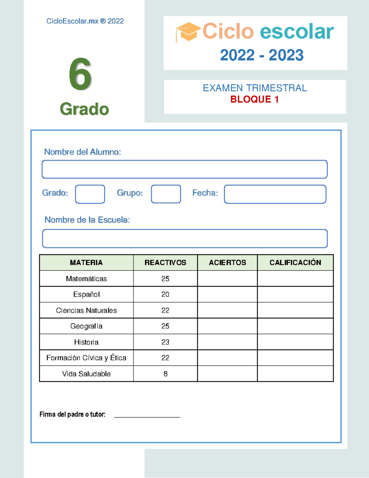 Examen Trimestral Sexto grado Bloque 1 2022 2023 - 6 Nombre del Alumno: Grado: Grupo: Fecha ...