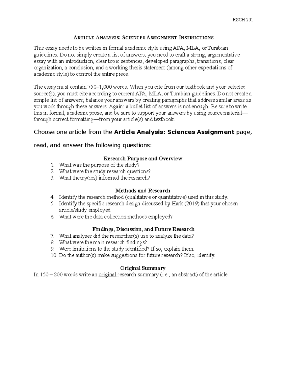 Article Analysis Sciences Assignment Instructions - RSCH 201 ARTICLE ...