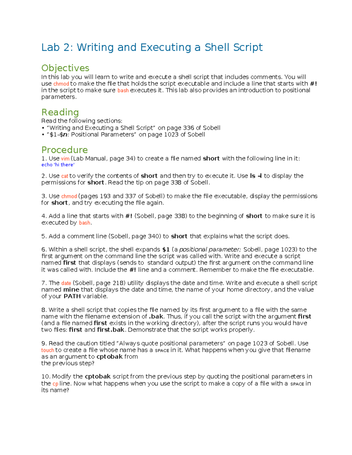 Lab 2 - rrrrrrrrrrrrrrrr - Lab 2: Writing and Executing a Shell Script Objectives In this lab ...