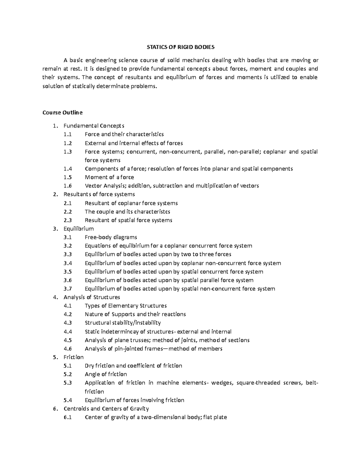 Statics OF Rigid Bodies- Syllabus - STATICS OF RIGID BODIES A basic ...