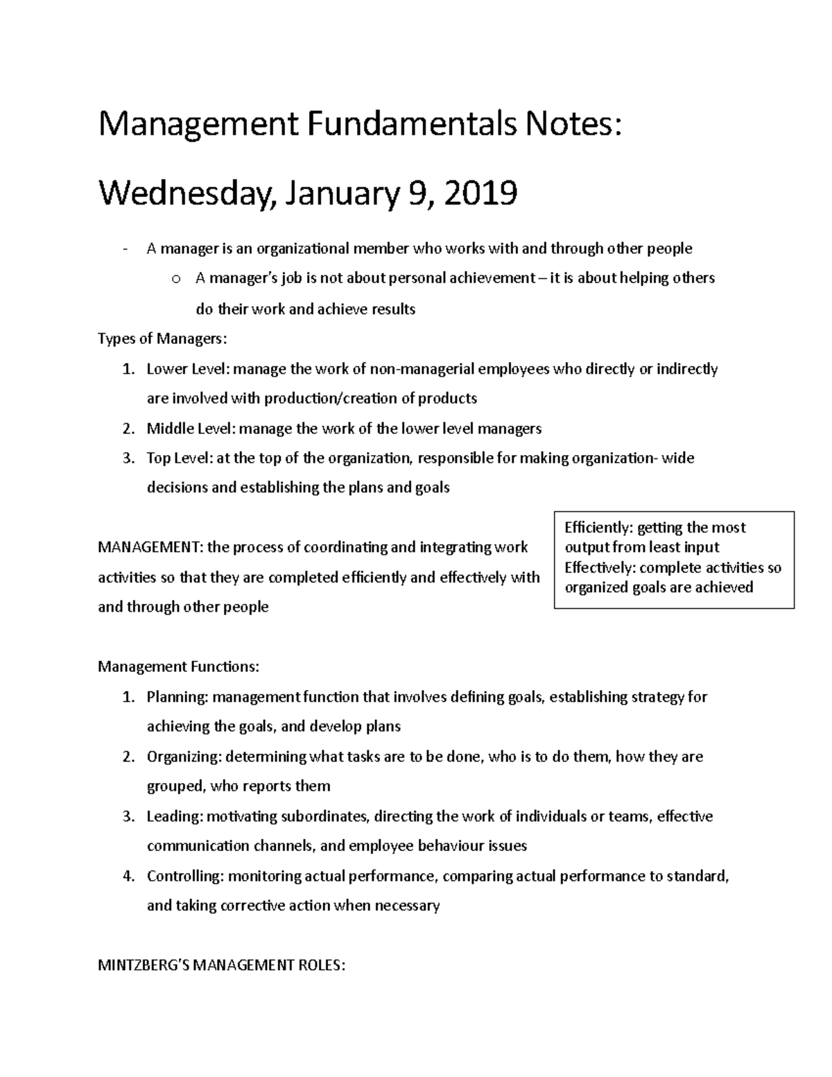 Introduction to Management Fundamental Notes - Management Fundamentals ...