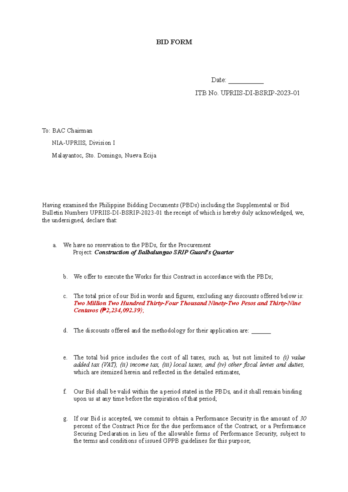 Pack 3 bid form ok - sssdd - BID FORM Date: __________ ITB No. UPRIIS ...