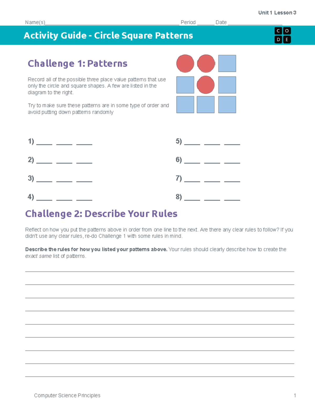 Circle Square Patterns - Unit 1 Lesson 3 - Unit 1 Lesson 3 - Studocu