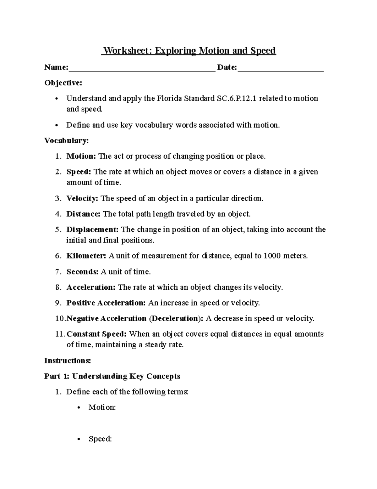 Worksheet- Exploring Motion and Speed - Worksheet: Exploring Motion and ...