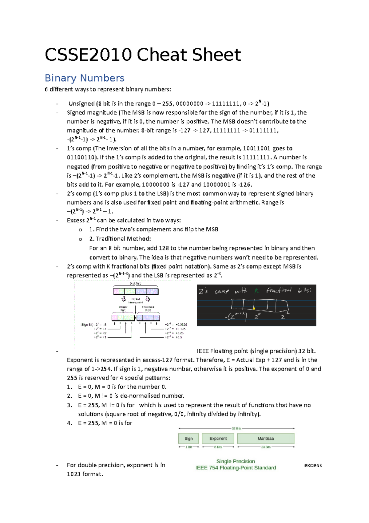 Cheat Sheet - All content from lectures - CSSE2010 Cheat Sheet Binary Numbers 6 different ways ...