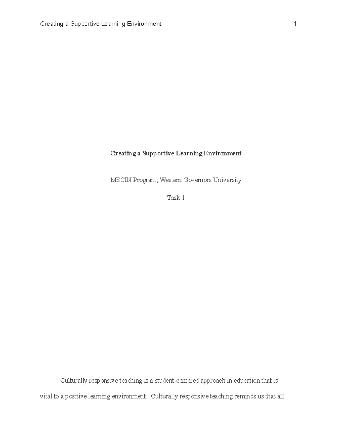 Task1 D186 Learning as a Science - Creating a Supportive Learning Environment MSCIN Program ...