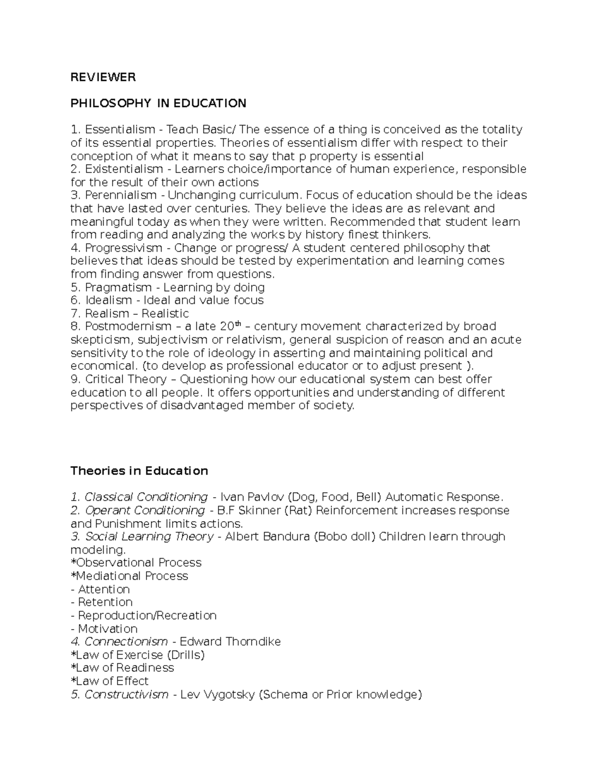 EducReviewer Philosophy - REVIEWER PHILOSOPHY IN EDUCATION Essentialism ...