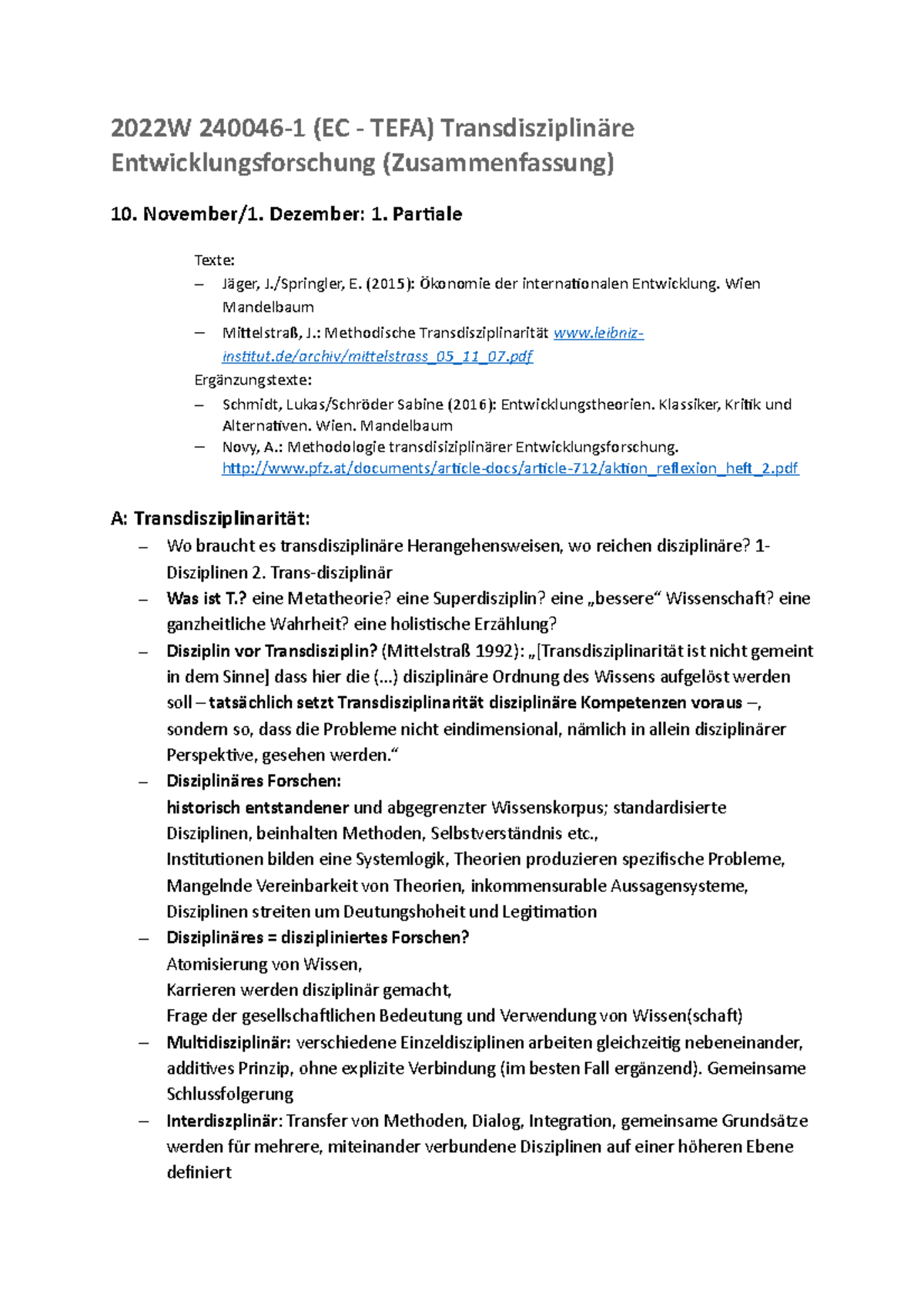 Transdiziplinare Etw - Folienzusammenfassung WS 2022/23 - 2022W 240046-1 (EC - TEFA) - Studocu