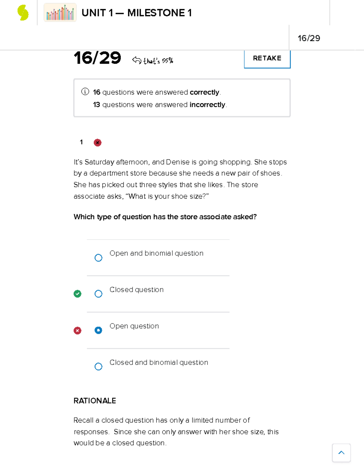 Sophia Welcome milestone 1 - 1 16/29 that's 55% RETAKE 16 questions ...