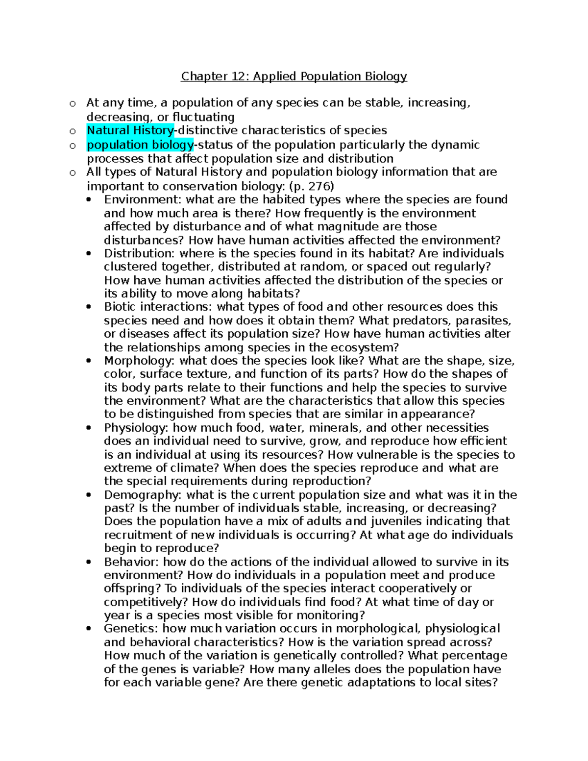 Chapter 12 Notes - Chapter 12: Applied Population Biology o At any time ...