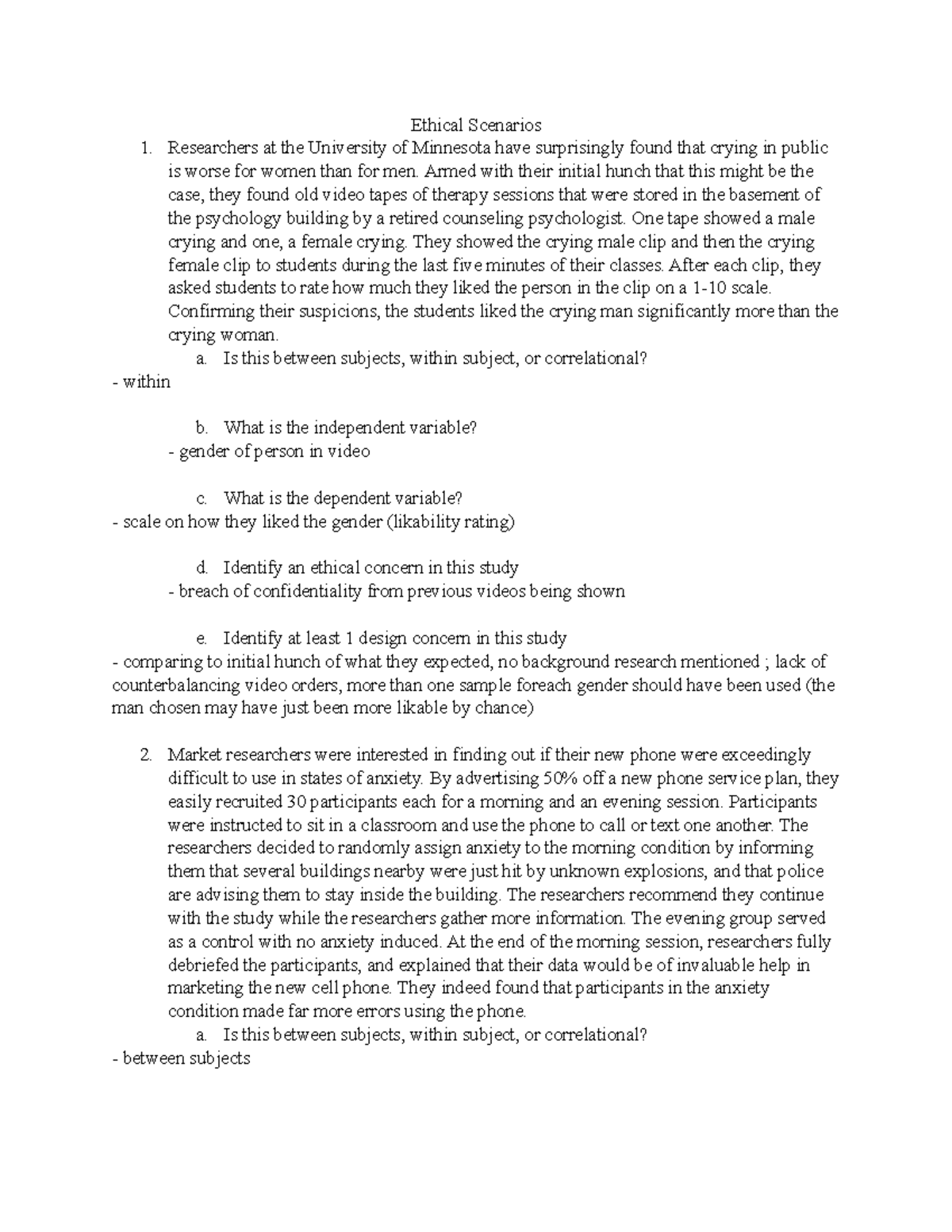 Lab #6 Ethics Completed PDF - Ethical Scenarios Researchers at the ...