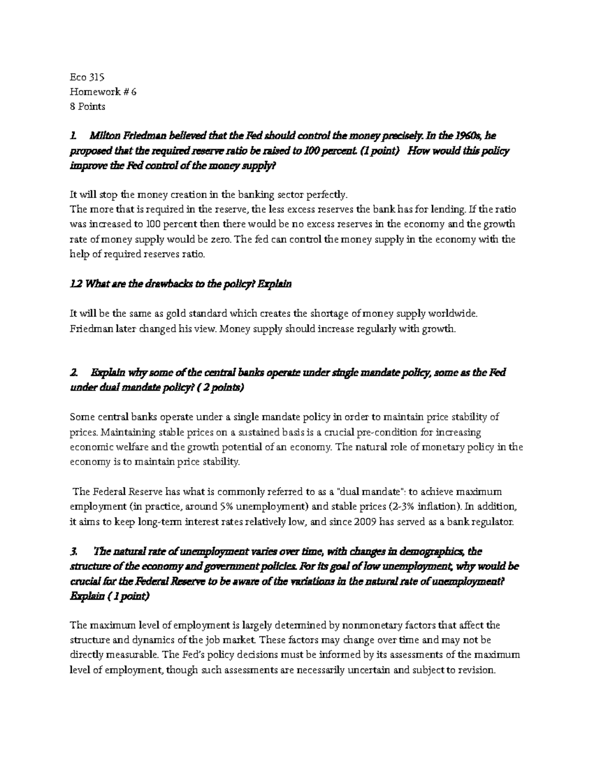 Eco 315 Homework 6 Irena Ziolkowska Eco 315 Homework 6 8 Points Milton Friedman Believed