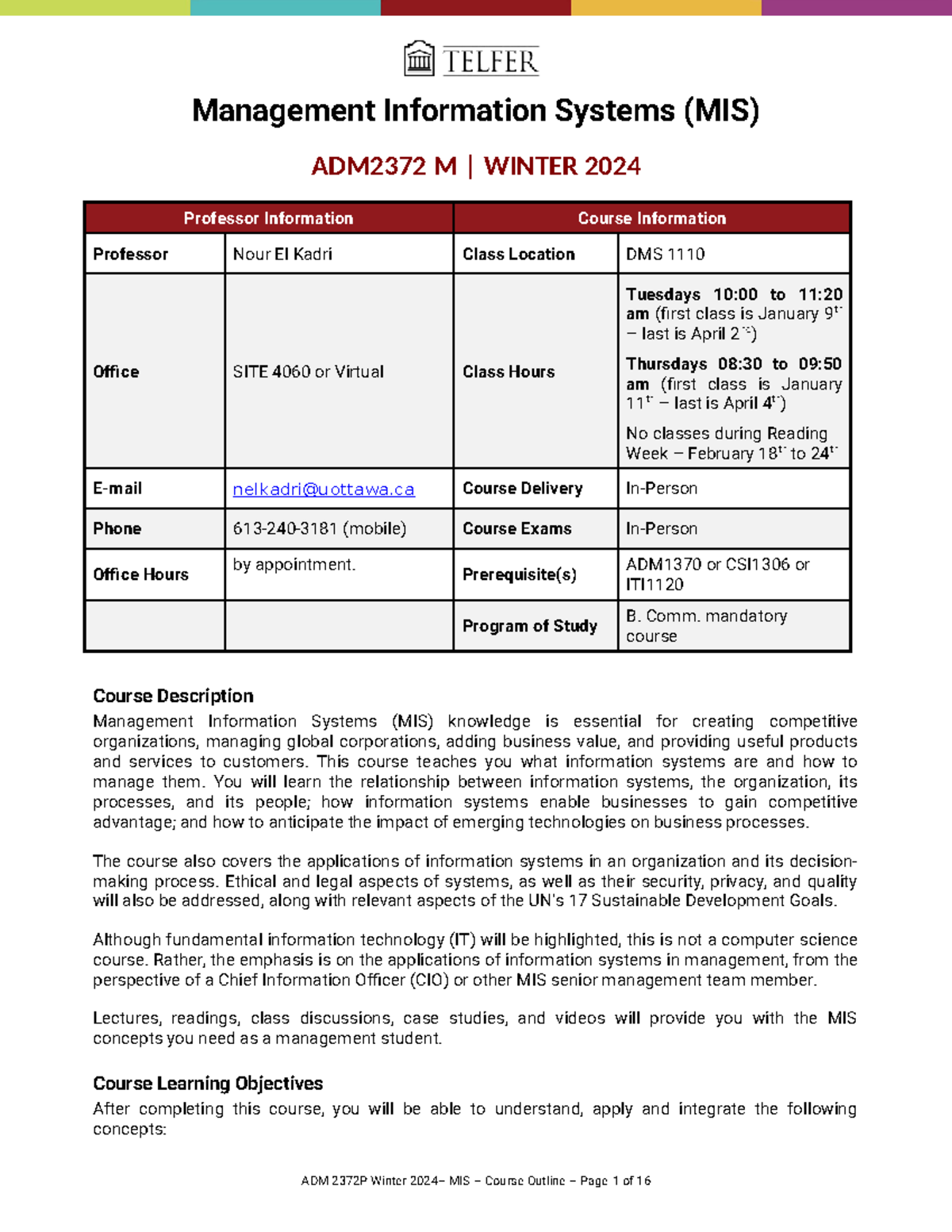 ADM2372 M - Syllabus - Winter 2024 - Management Information Systems ...