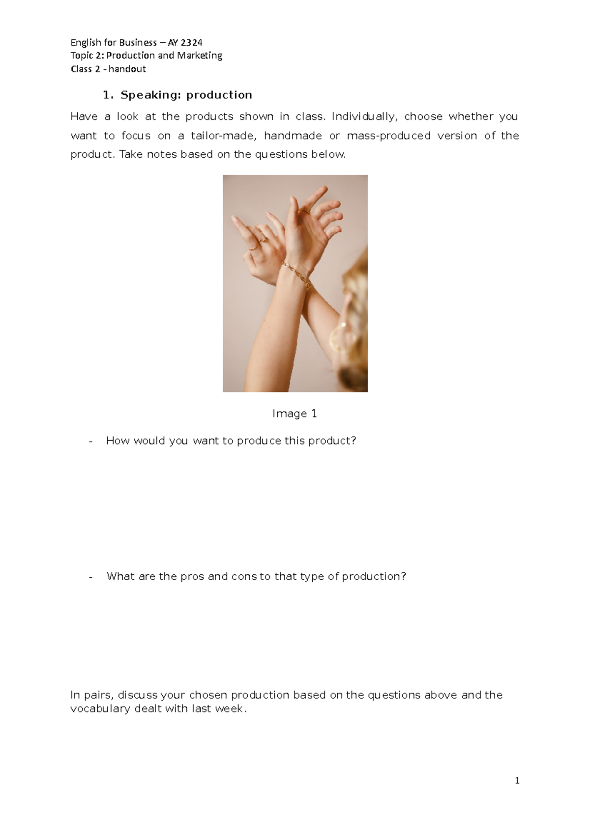 EFB Prod & Mar - Class 2 - student handout - Topic 2: Production and ...