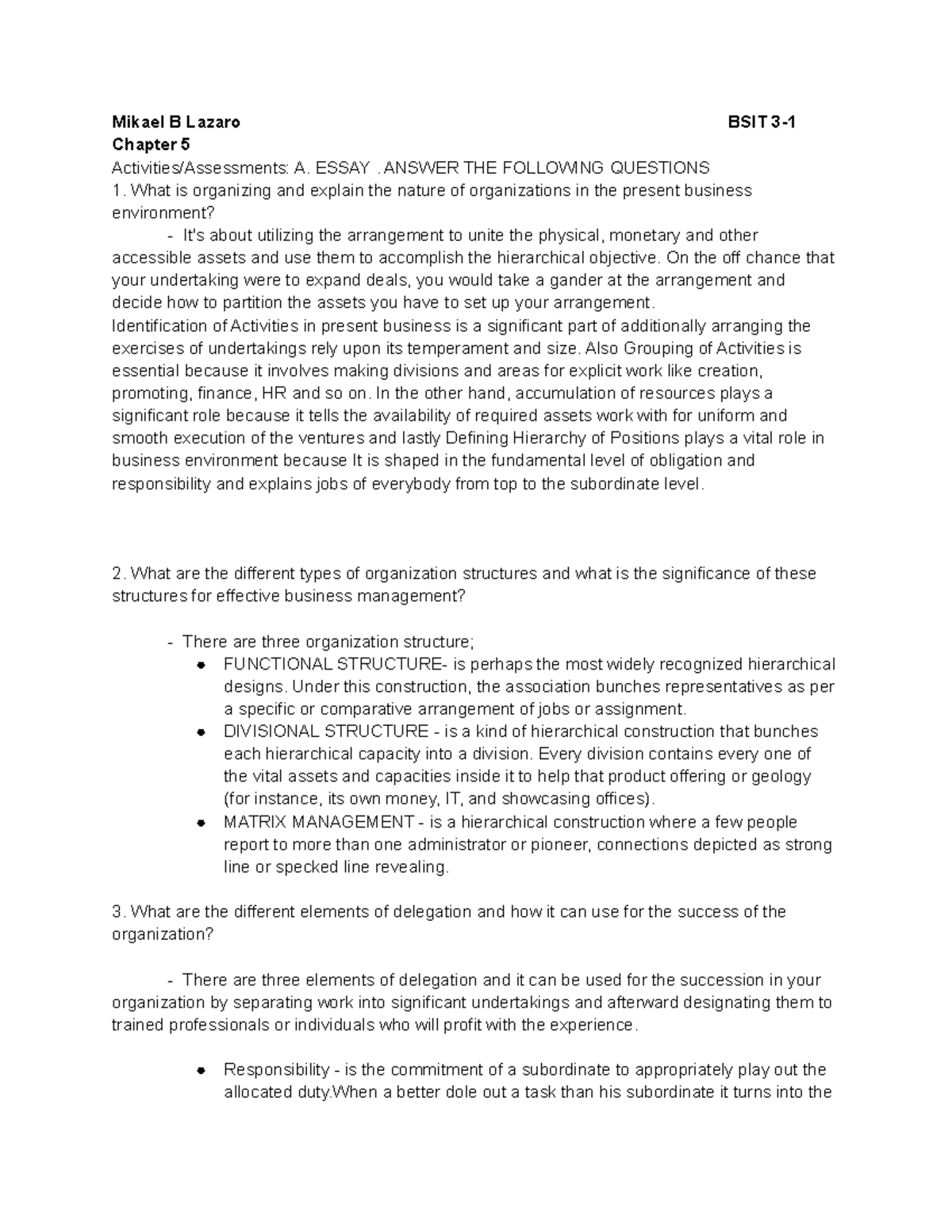 Business Environment - Mikael B Lazaro BSIT 3- Chapter 5 Activities ...
