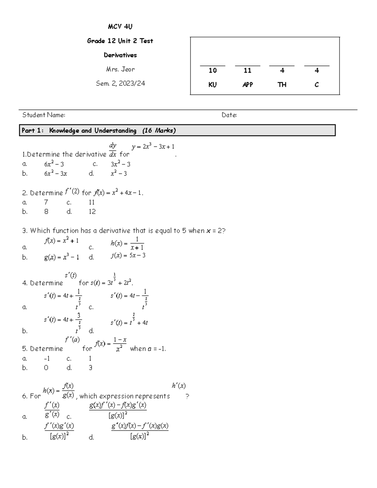 Unit 2 Test - Unit 2 Test - MCV 4U Grade 12 Unit 2 Test Derivatives Mrs ...