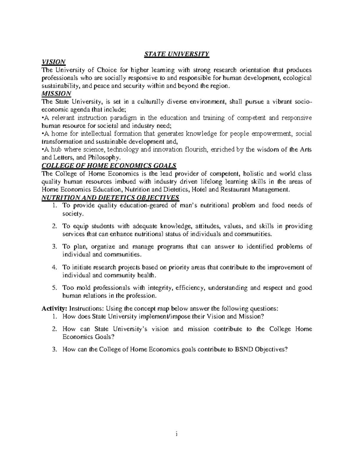 Activity 1 - STATE UNIVERSITY - i STATE UNIVERSITY VISION The ...