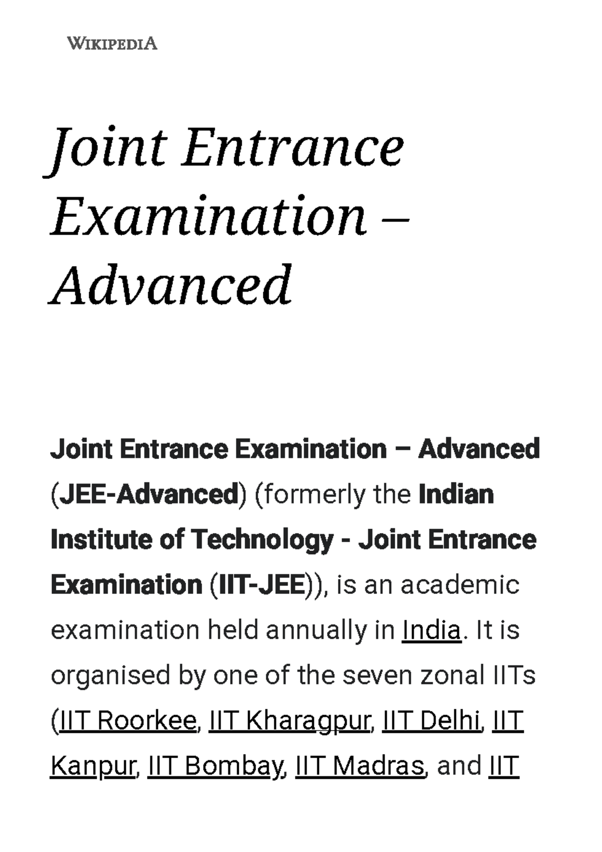 Joint Entrance Examination – Advanced - Wikipedia - Joint Entrance ...