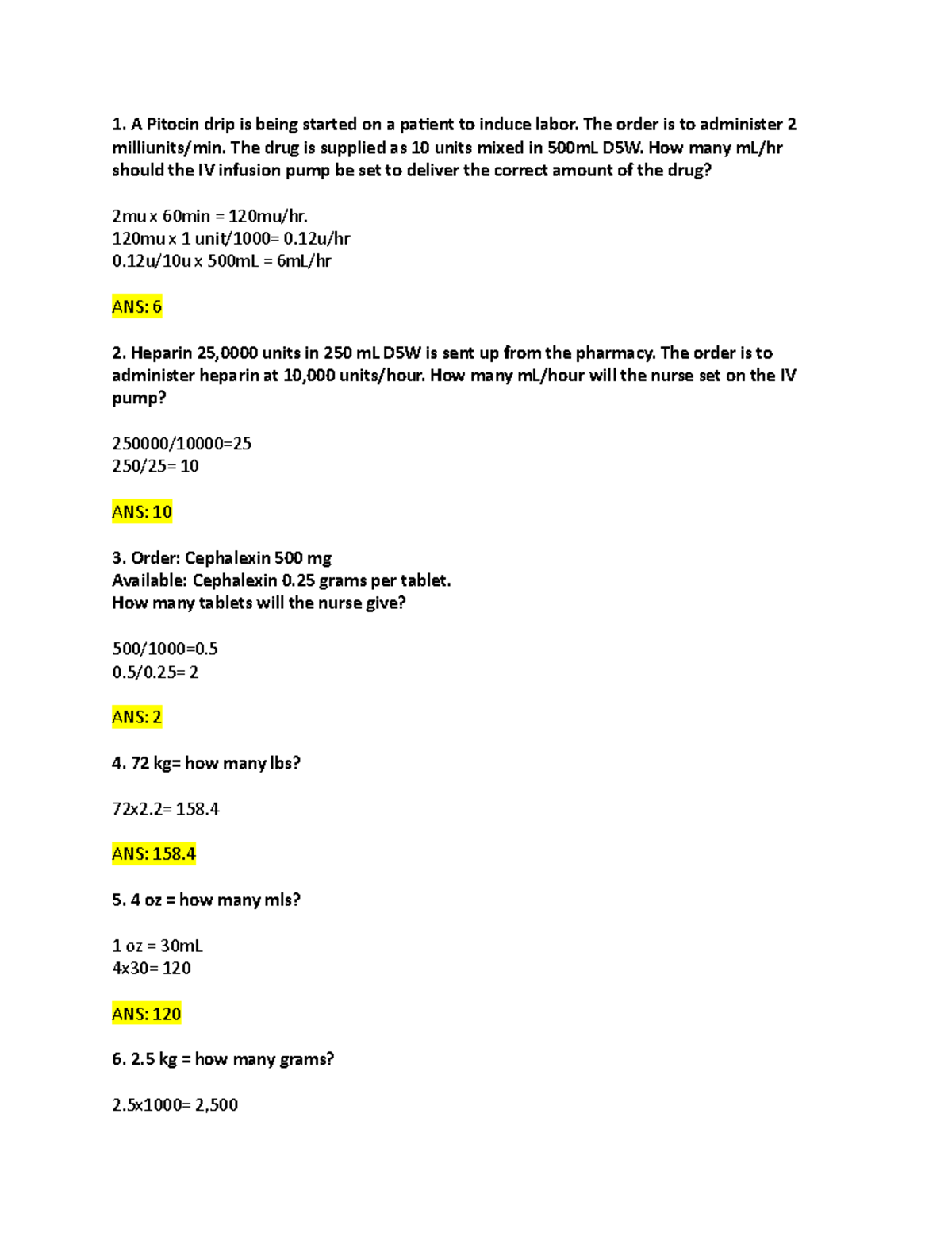 Dosage Calc Quiz A NUR 1025C - A Pitocin drip is being started on a ...