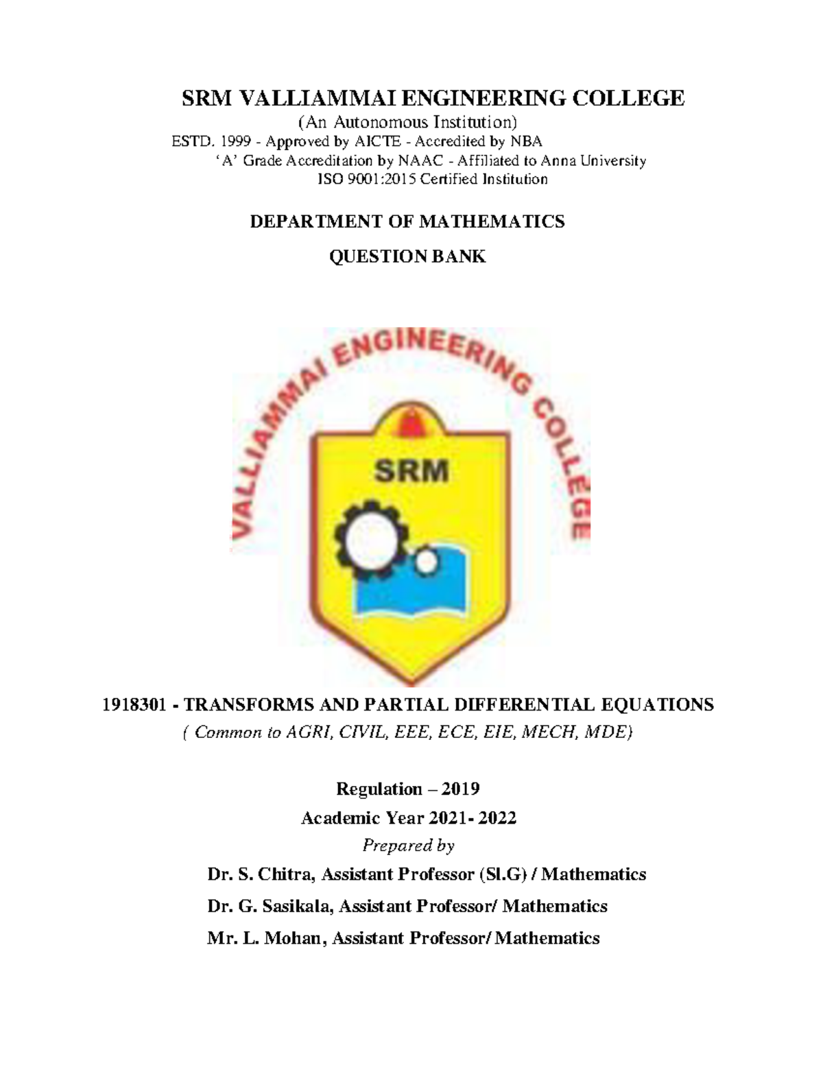 1918301-Transforms and Partial Differential Equations - SRM VALLIAMMAI ...