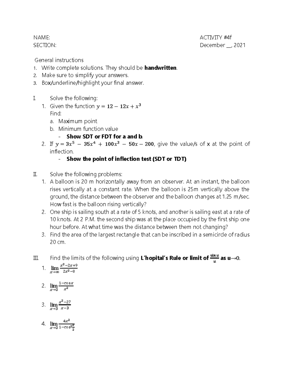 Activity 4f - Basic Calculus - NAME: ACTIVITY #4f SECTION: December ...