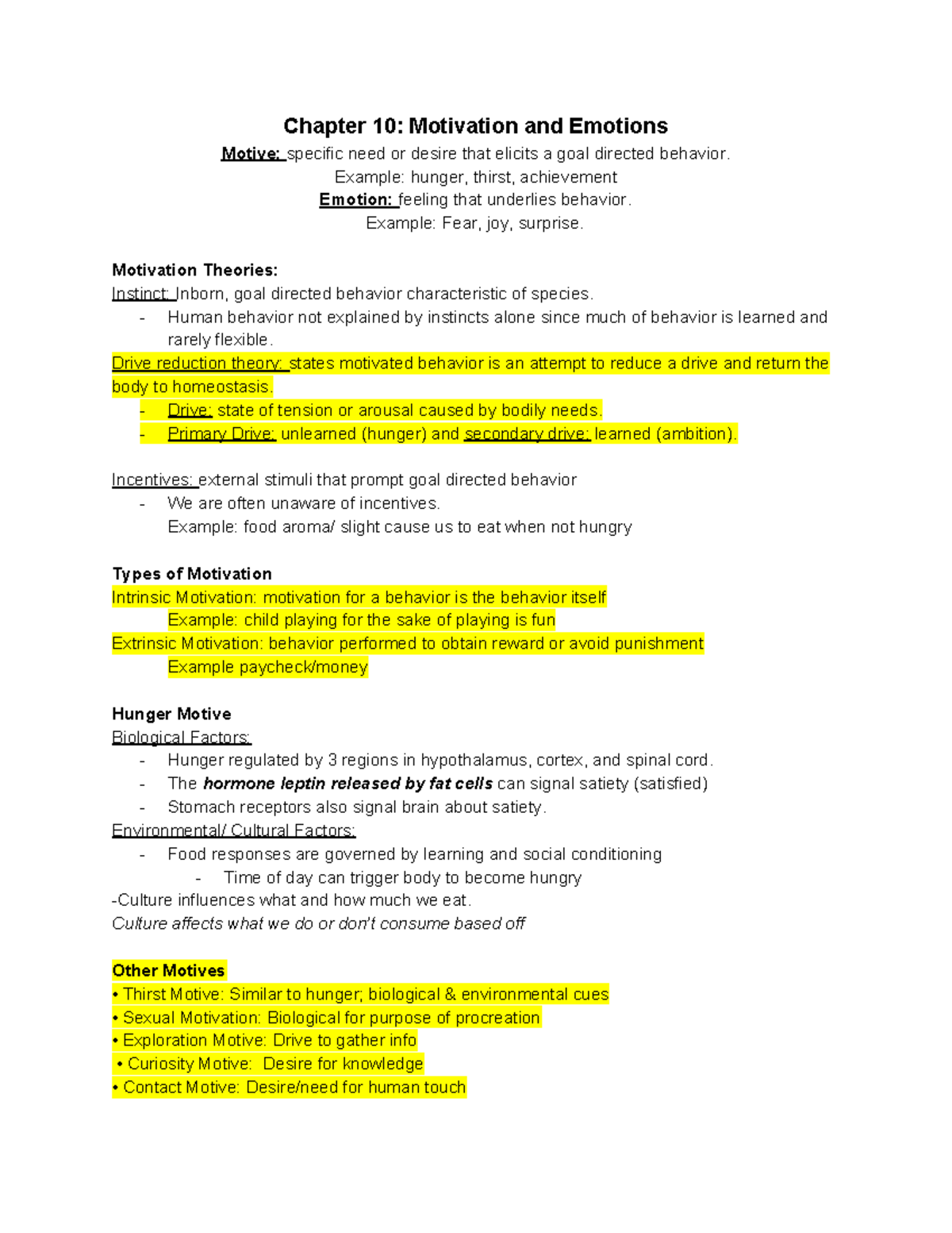 Psychology Notes Chapter 10-13 PSY 2012-29535 - Chapter 10: Motivation ...