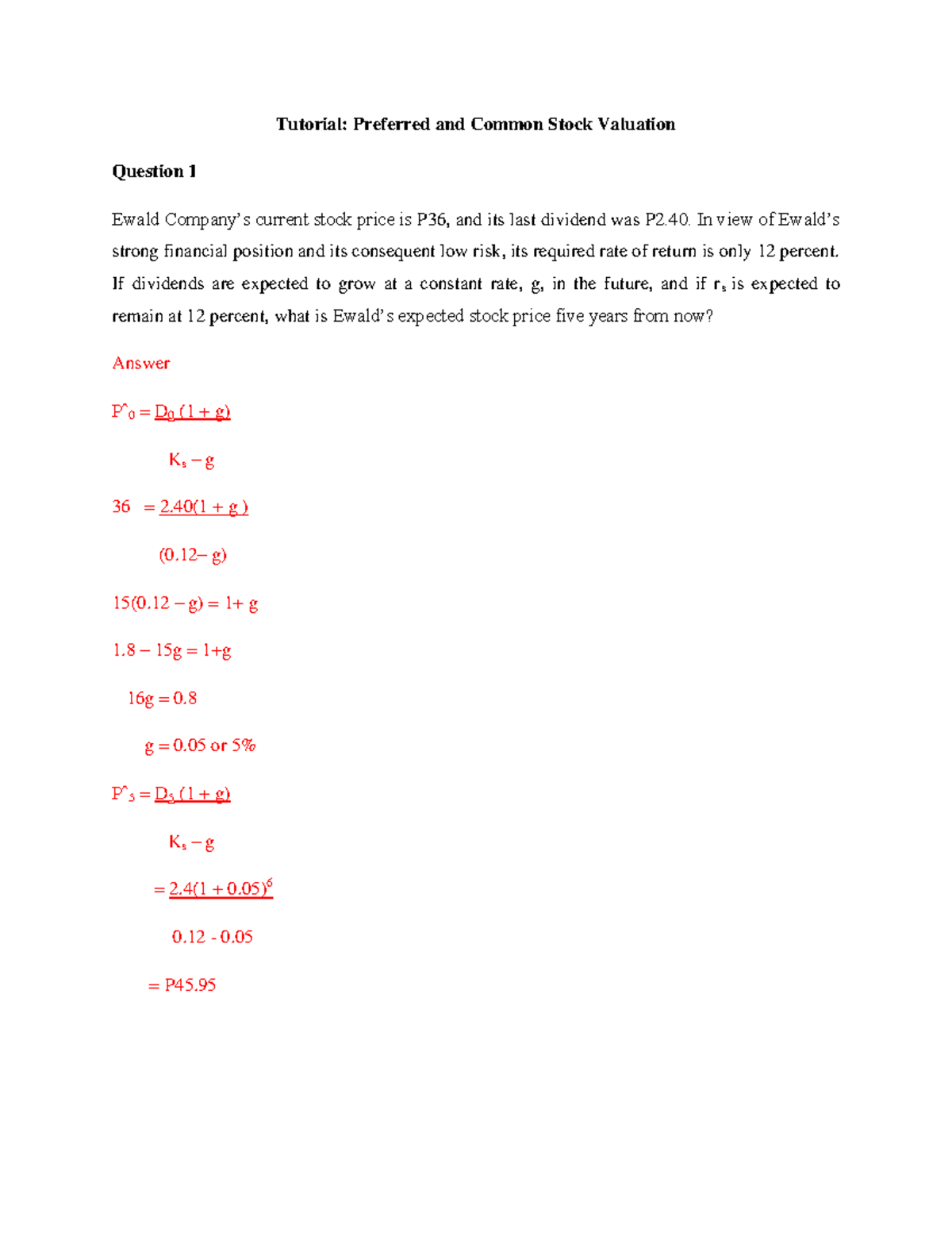 Tutorial Preferred and Common Stock Valuation with solutions - Tutorial ...